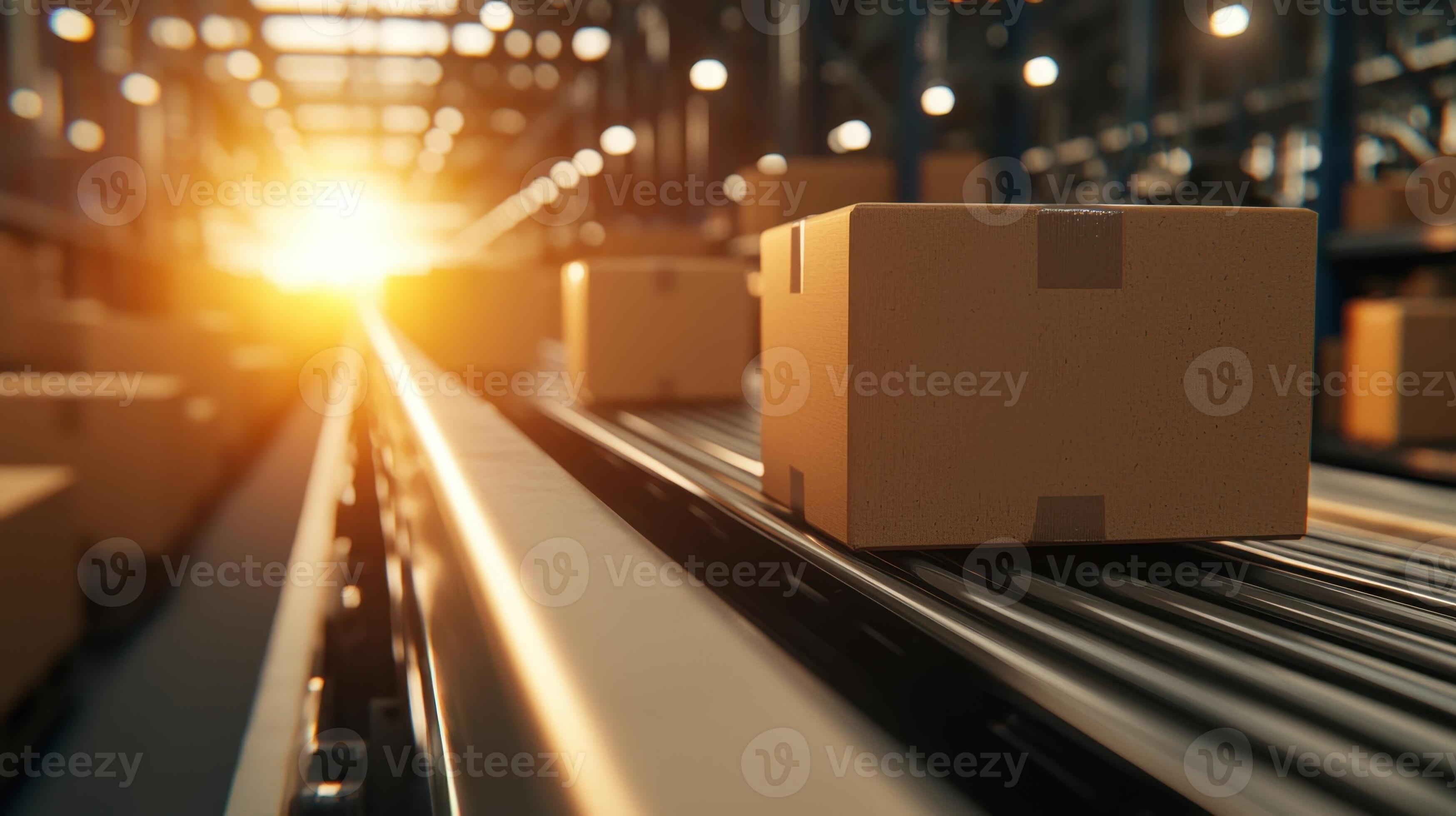 Cardboard boxes moving along warehouse conveyor illustrating belt, automated shipping and ...