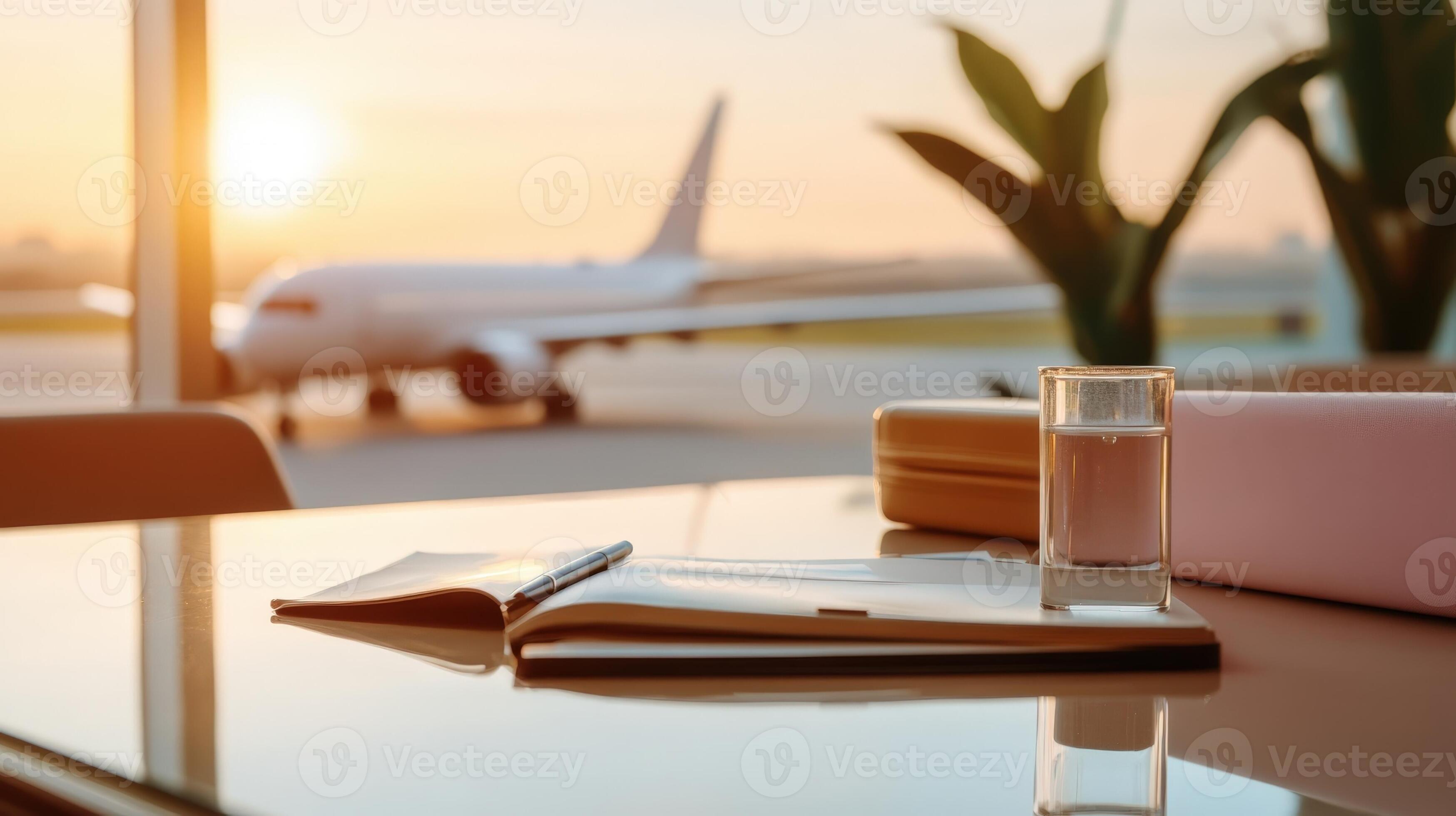Empty with comfortable waiting area waiting in an seat terminal at sunset, airport an airplane ...