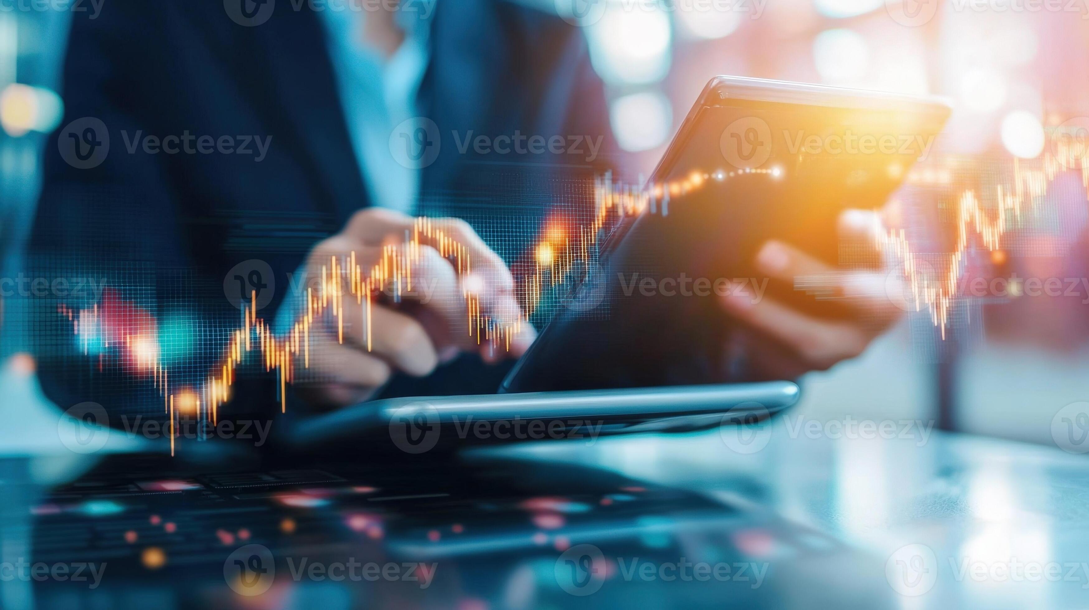 Trade technology on analyzing real time stock market data displayed laptop with financial charts ...