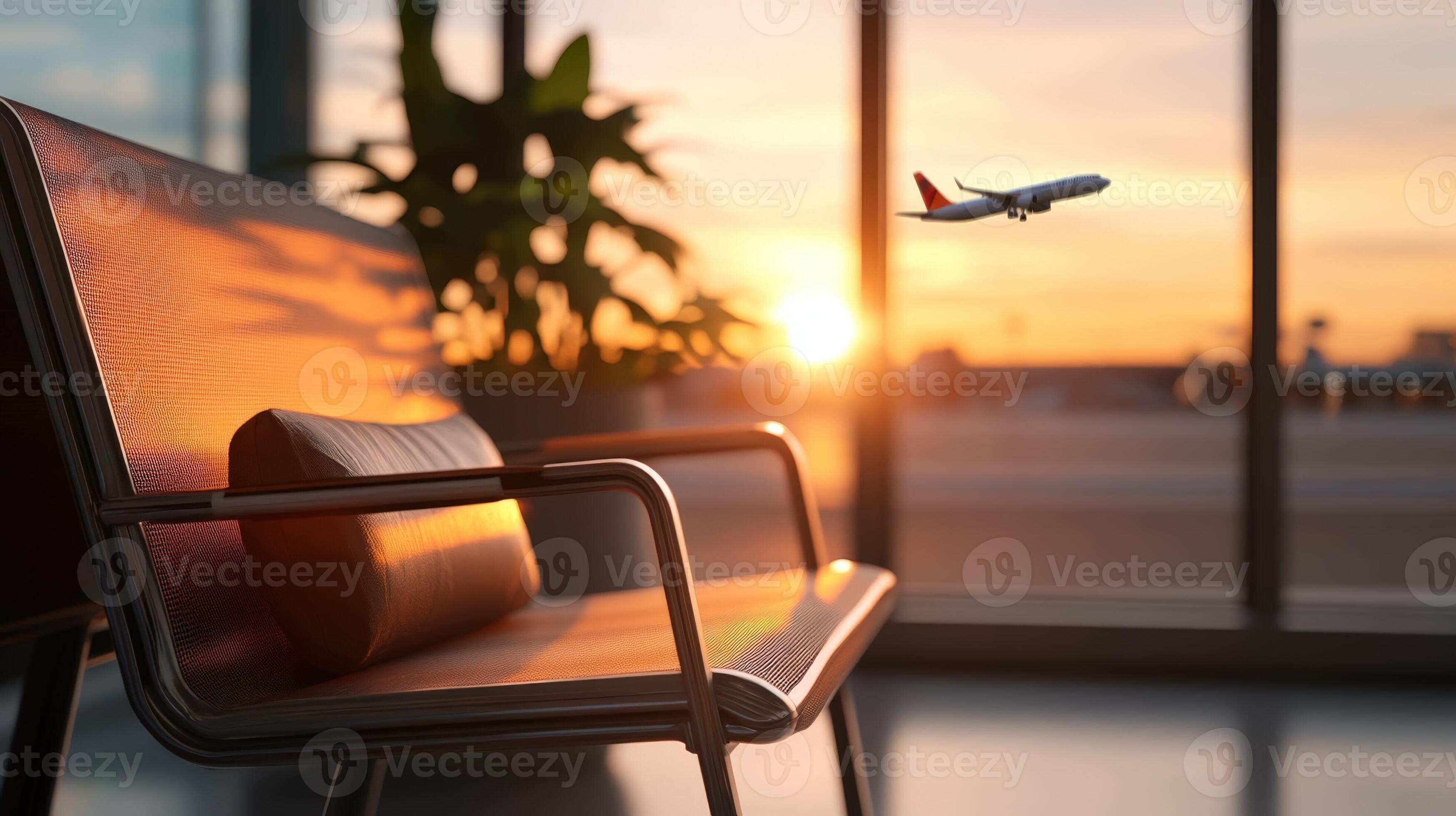 Empty seat comfortable waiting area waiting in with airport terminal at sunset, an an airplane ...