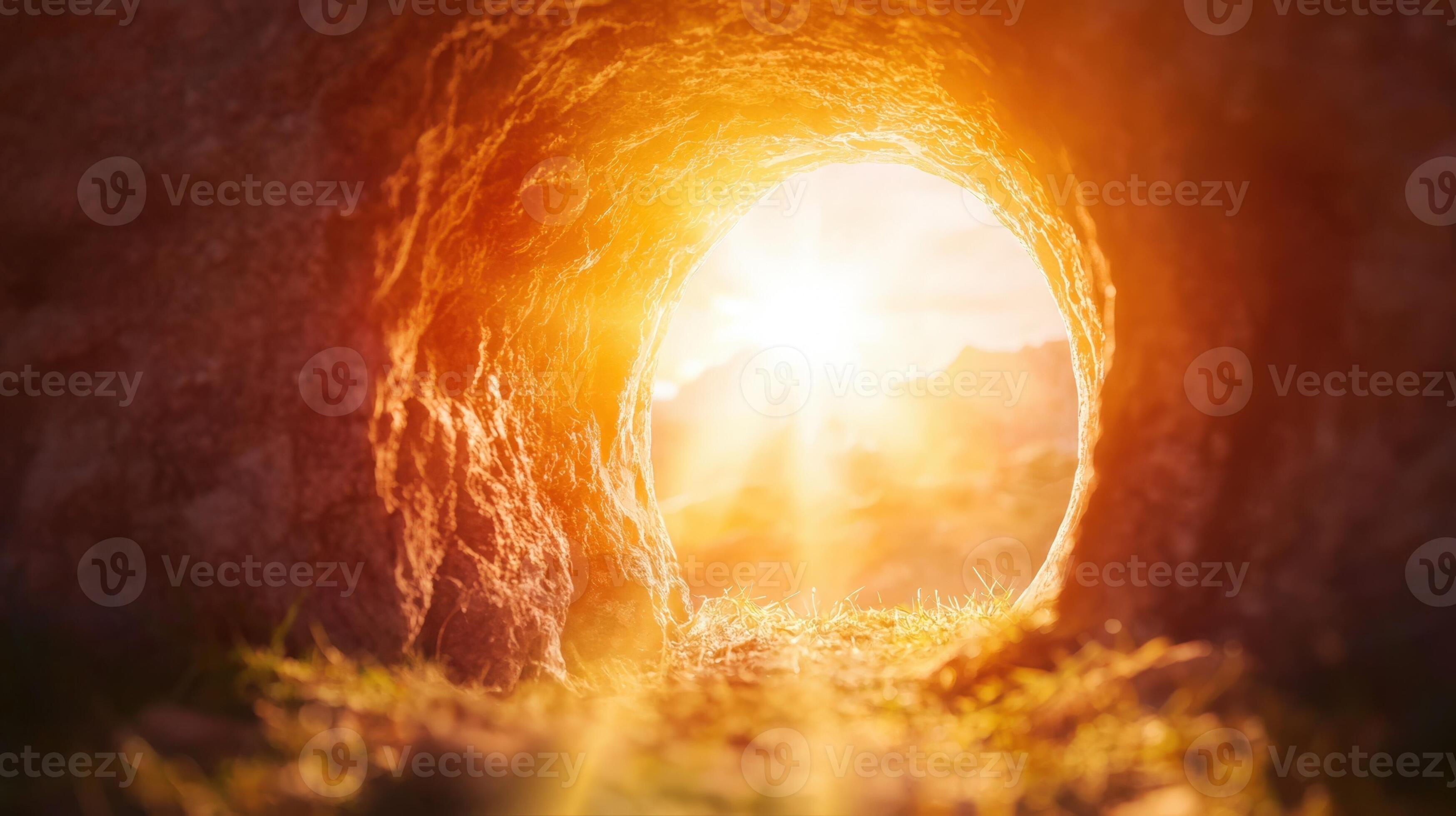 Easter background Bright sunlight shines from christianity entrance of empty tomb at sunrise ...