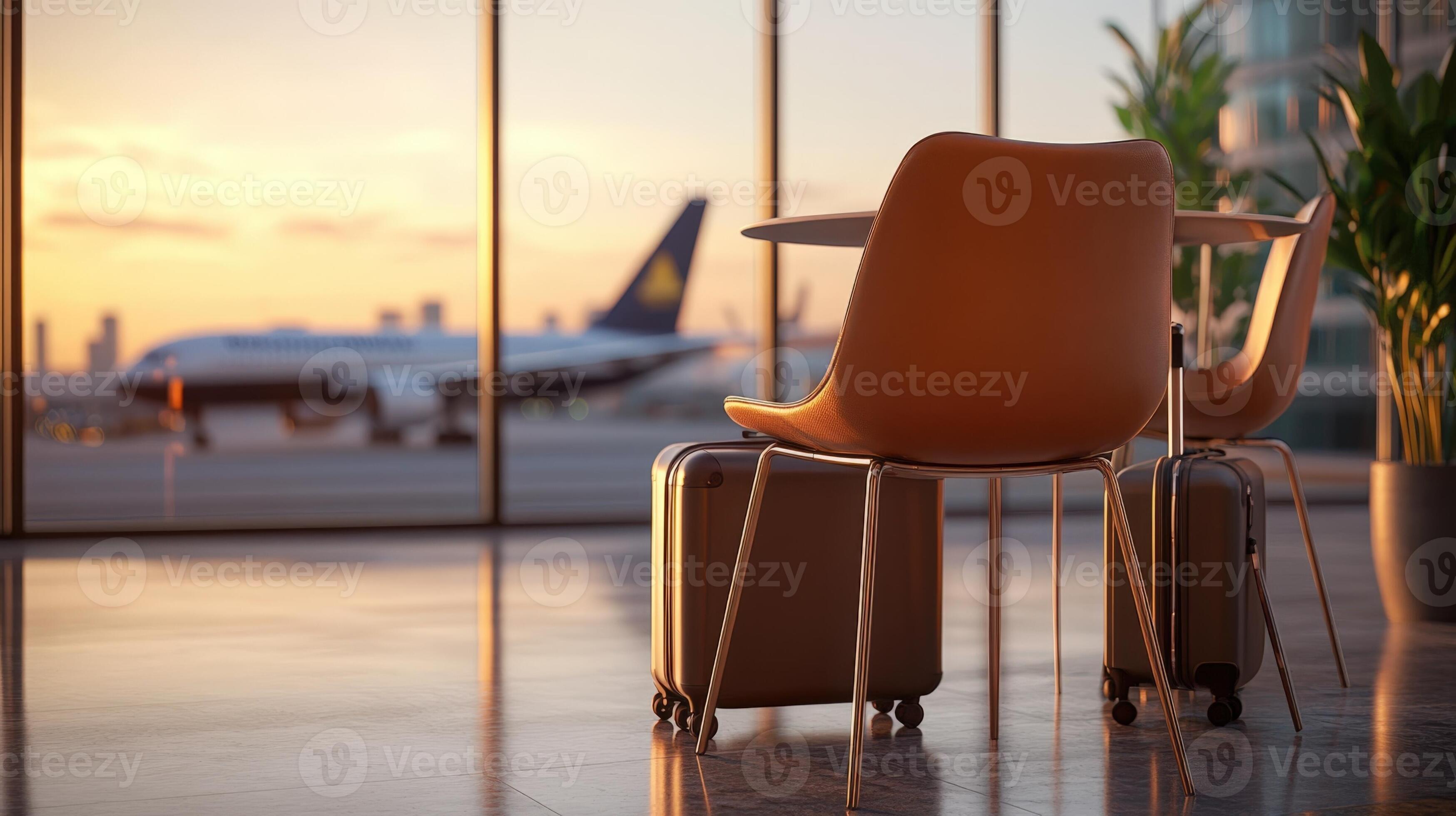 Empty seat comfortable waiting area waiting in an airport terminal at serene with an airplane ...