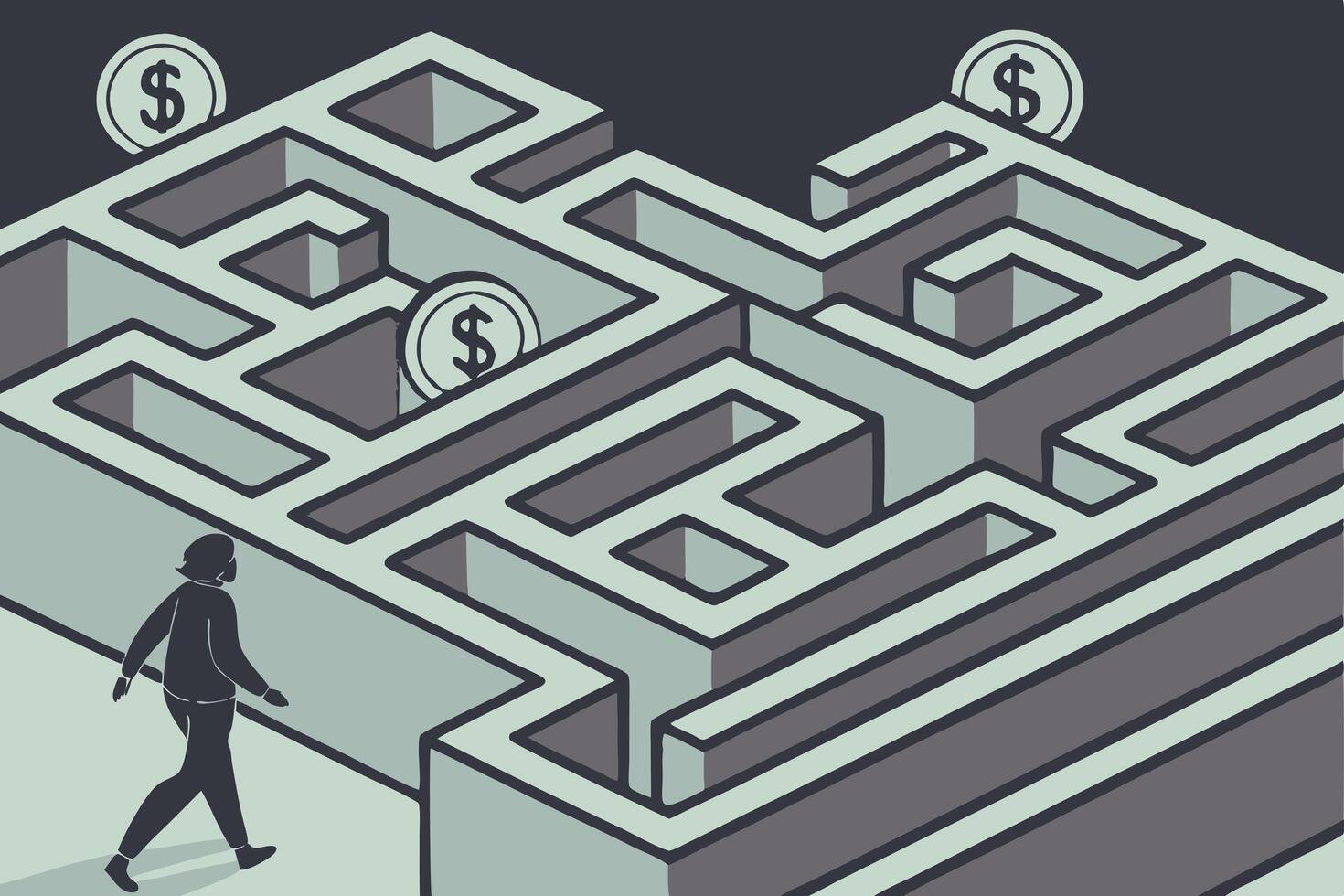 Abstract representation of a person navigating a maze while chasing money, illustrating the ...