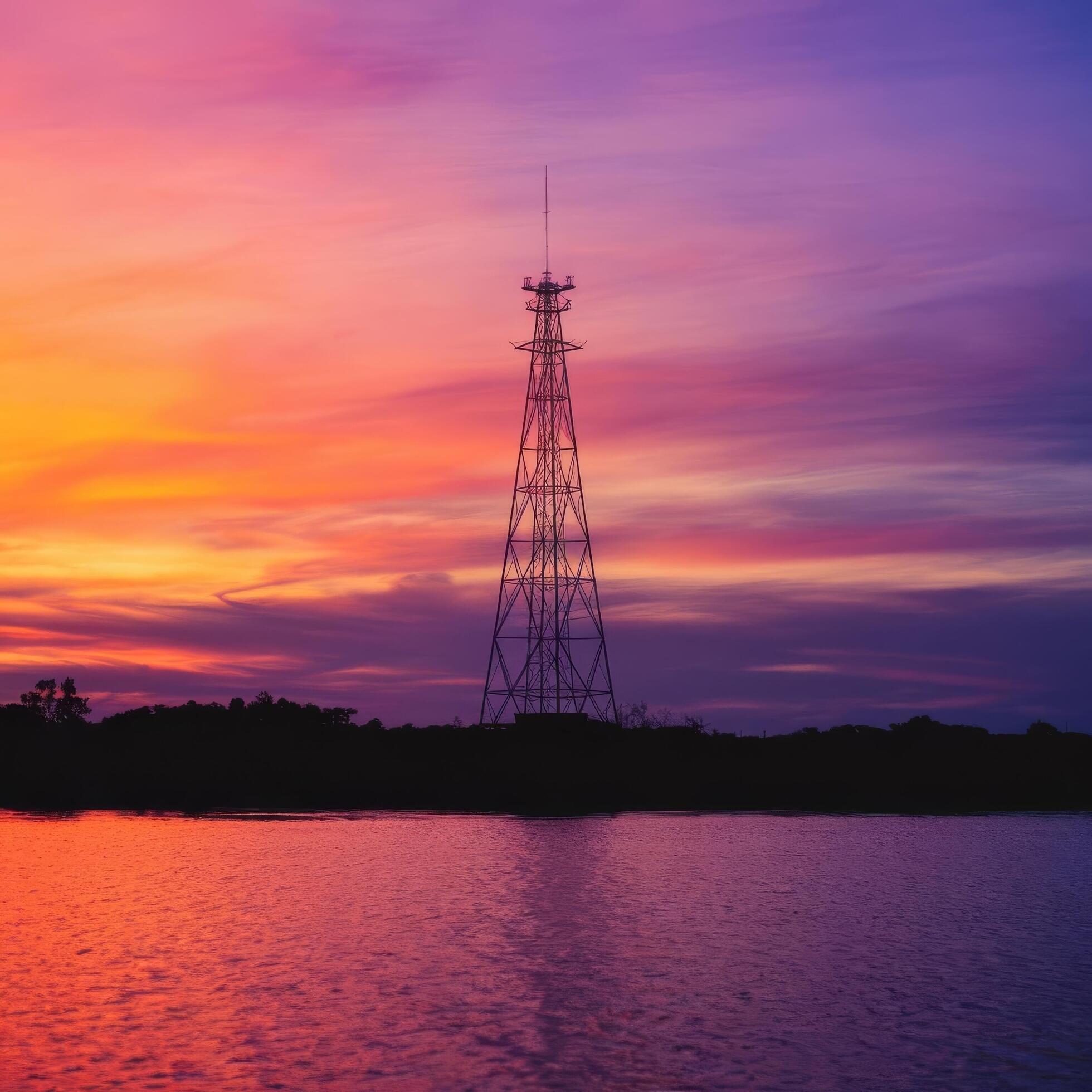 Radio tower at sunset over water 57950722 Stock Photo at Vecteezy