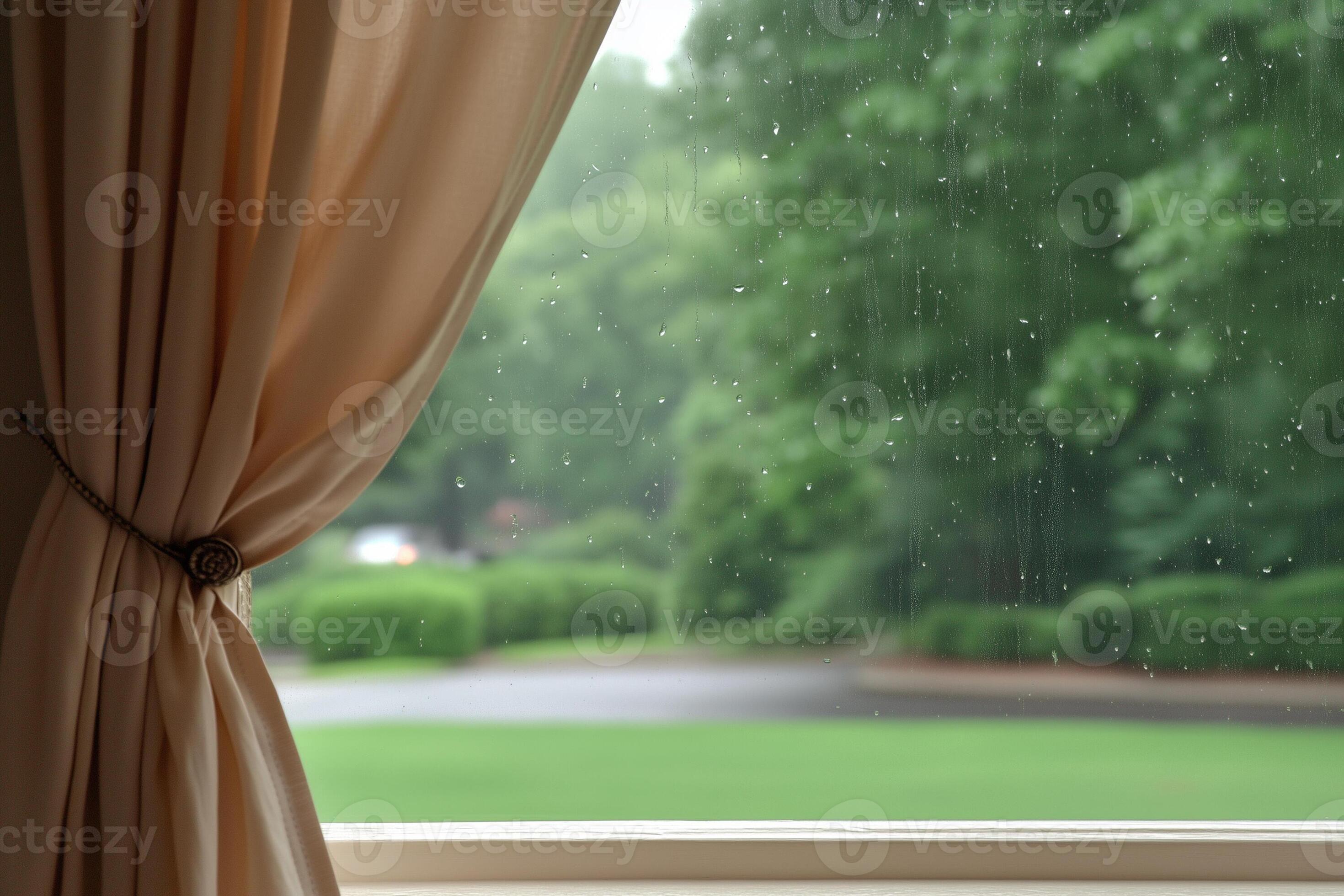 Rain drops running down window with curtain. Rainy day background with copy space. 57953337 ...