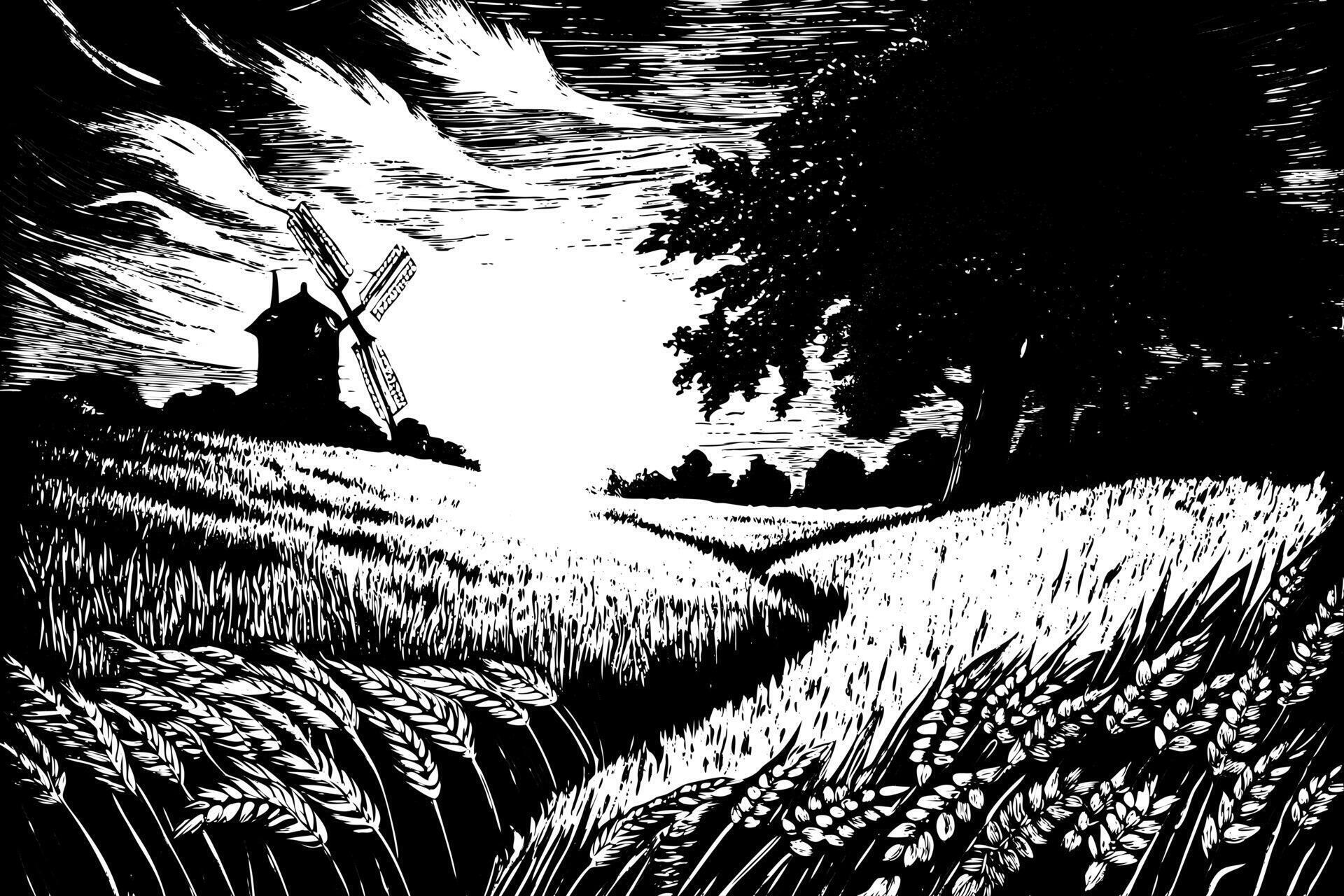 Vintage Woodcut Landscape with Windmill and Wheat Fields in Black and ...