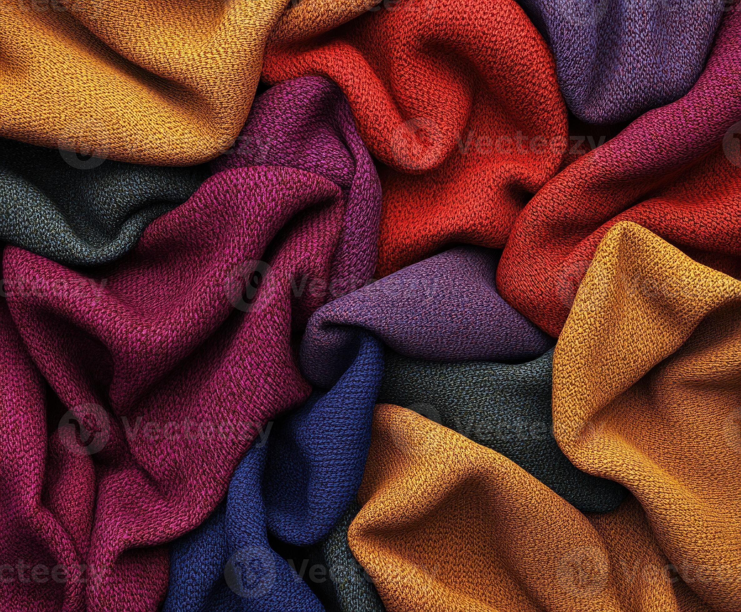 Colorful fabric textures create a vibrant display of woven patterns in warm and cool tones ...