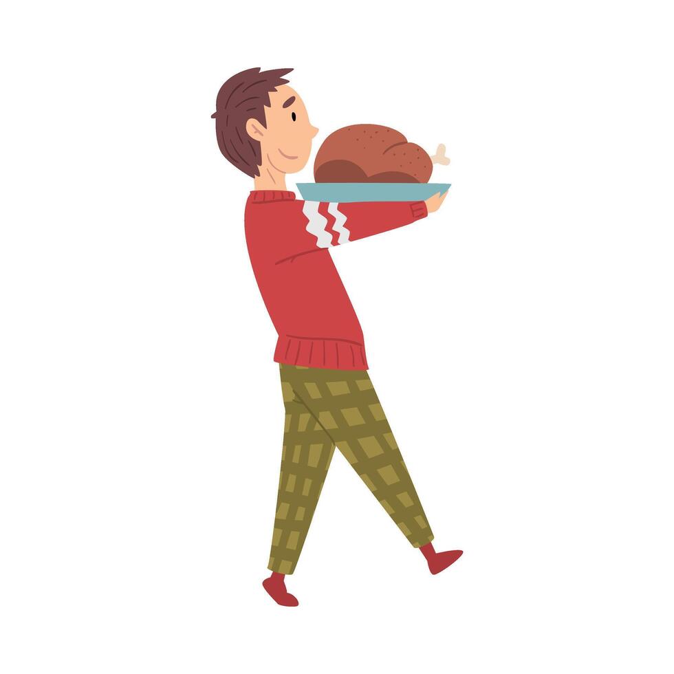 Cute Boy Carrying Delicious Roast Turkey, Christmas Eve, New Year Celebration Illustration ...