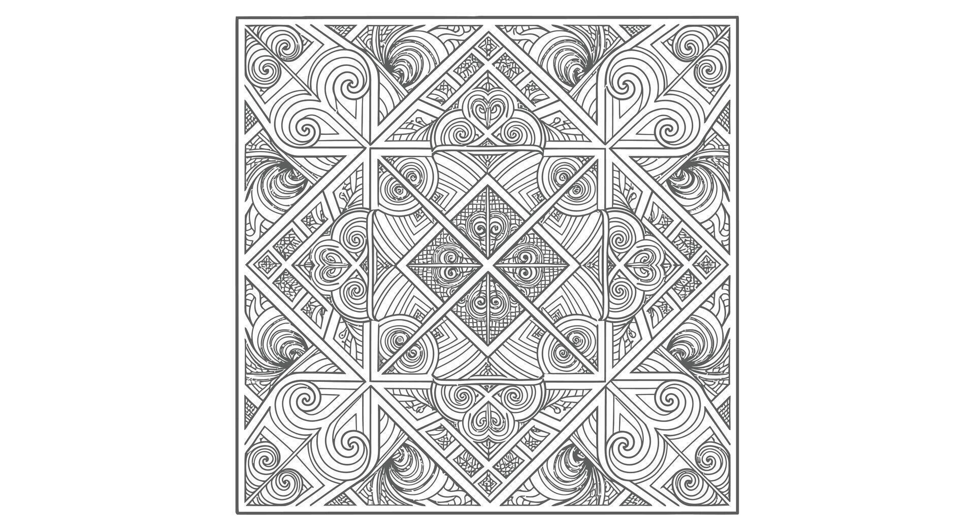 A Square Mandala With Intricate Spirals, Nested Squares and Crosshatch ...