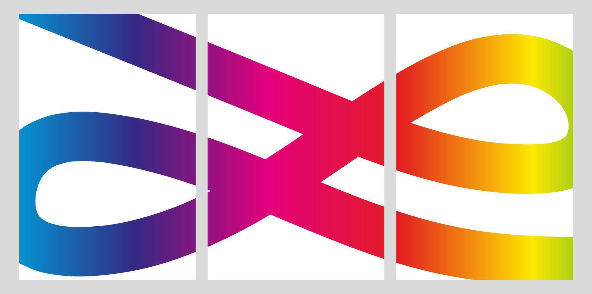 Abstract geometric triptych with curved ribbon in rainbow gradient on white background. Modern ...