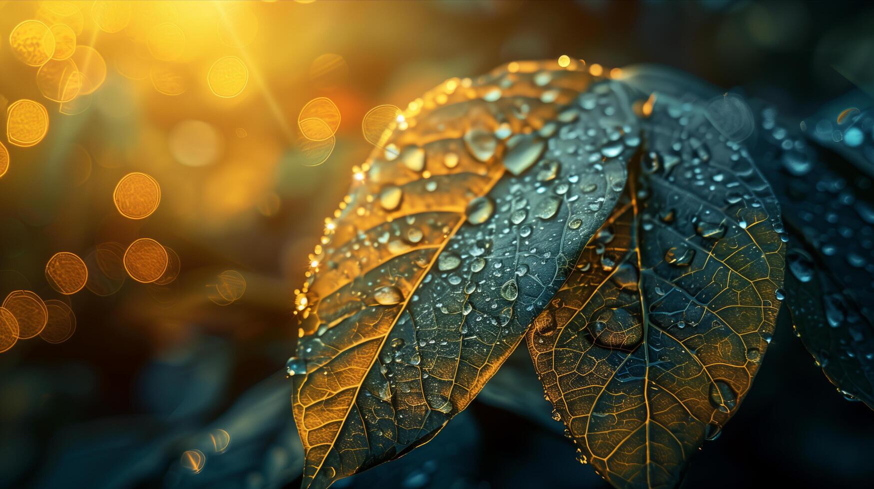 Raindrops on leaves and sun rays in the background 57991316 Stock Photo ...