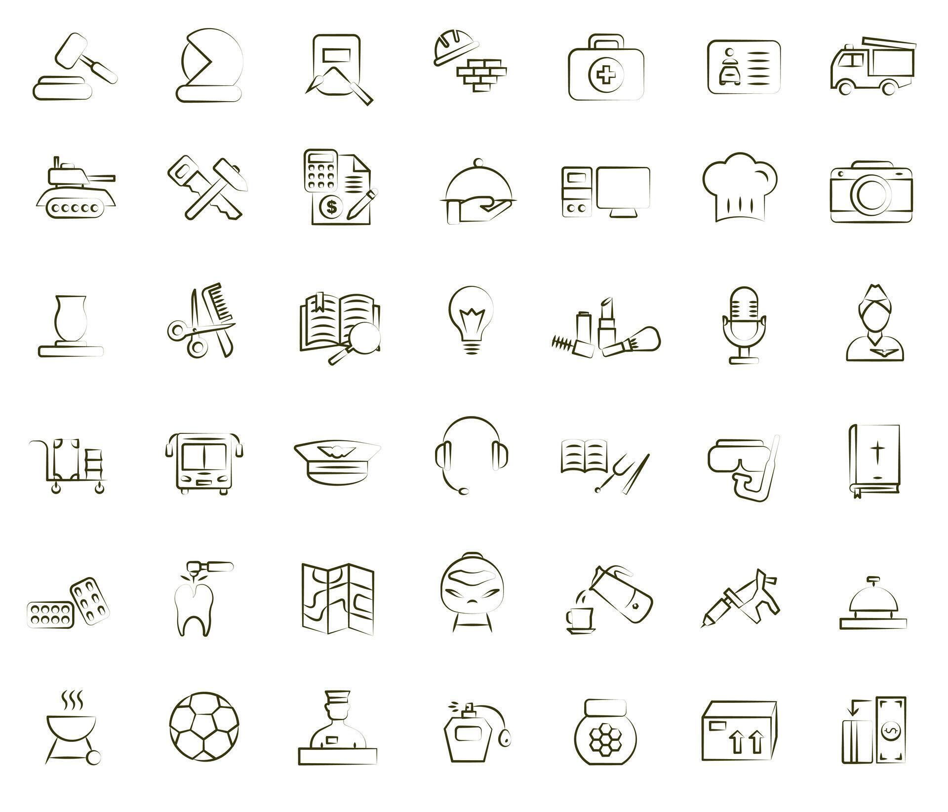 Set of icons in thin line style. Icons of different professions. Professions and careers ...