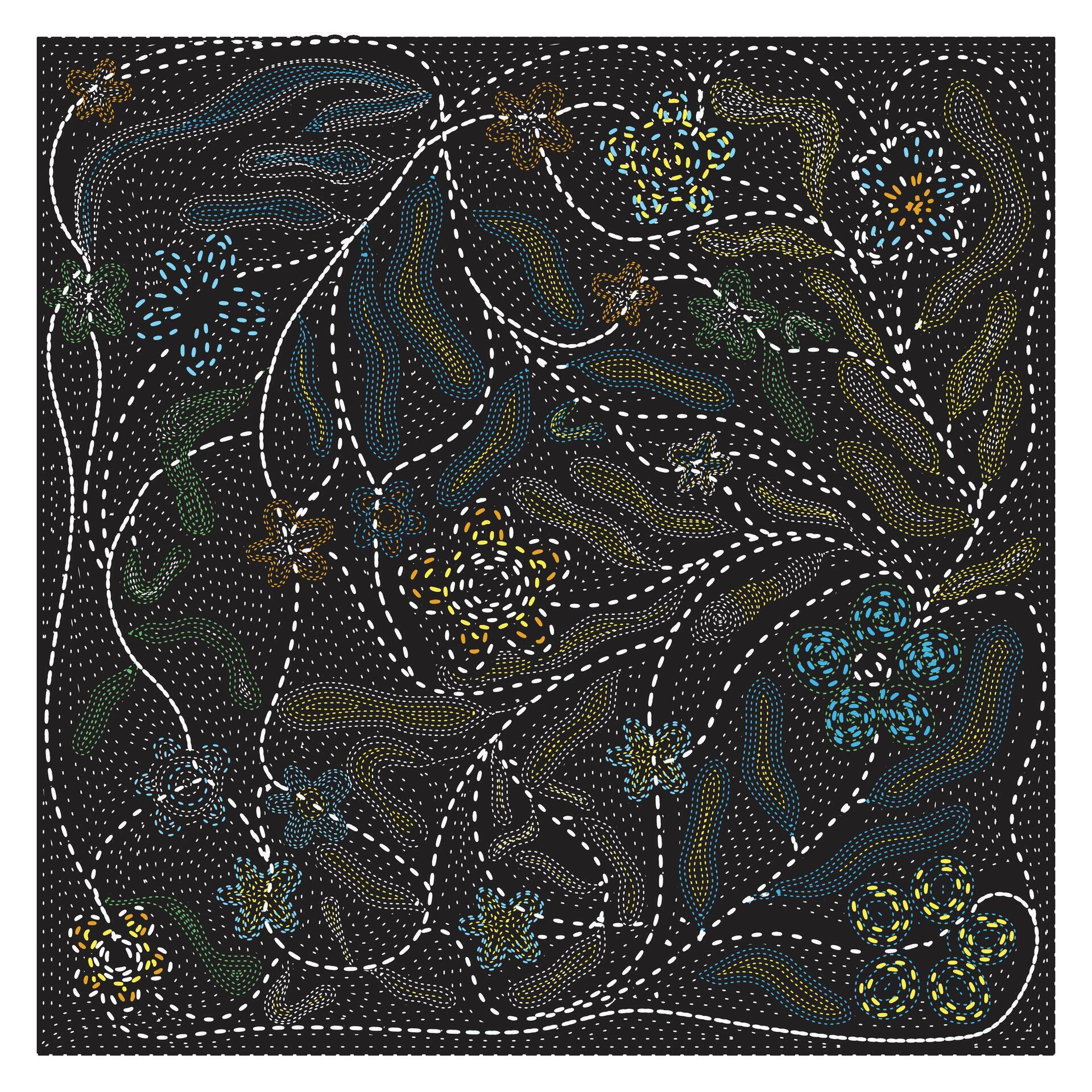 A vibrant, abstract pattern of colorful flowers and leaves on a black ...