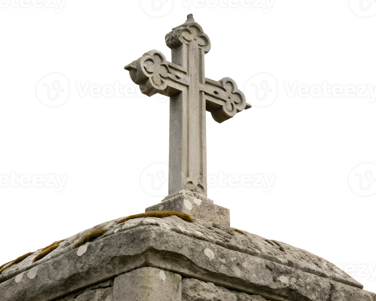 Stone cross atop a weathered grave marker 58027332 PNG