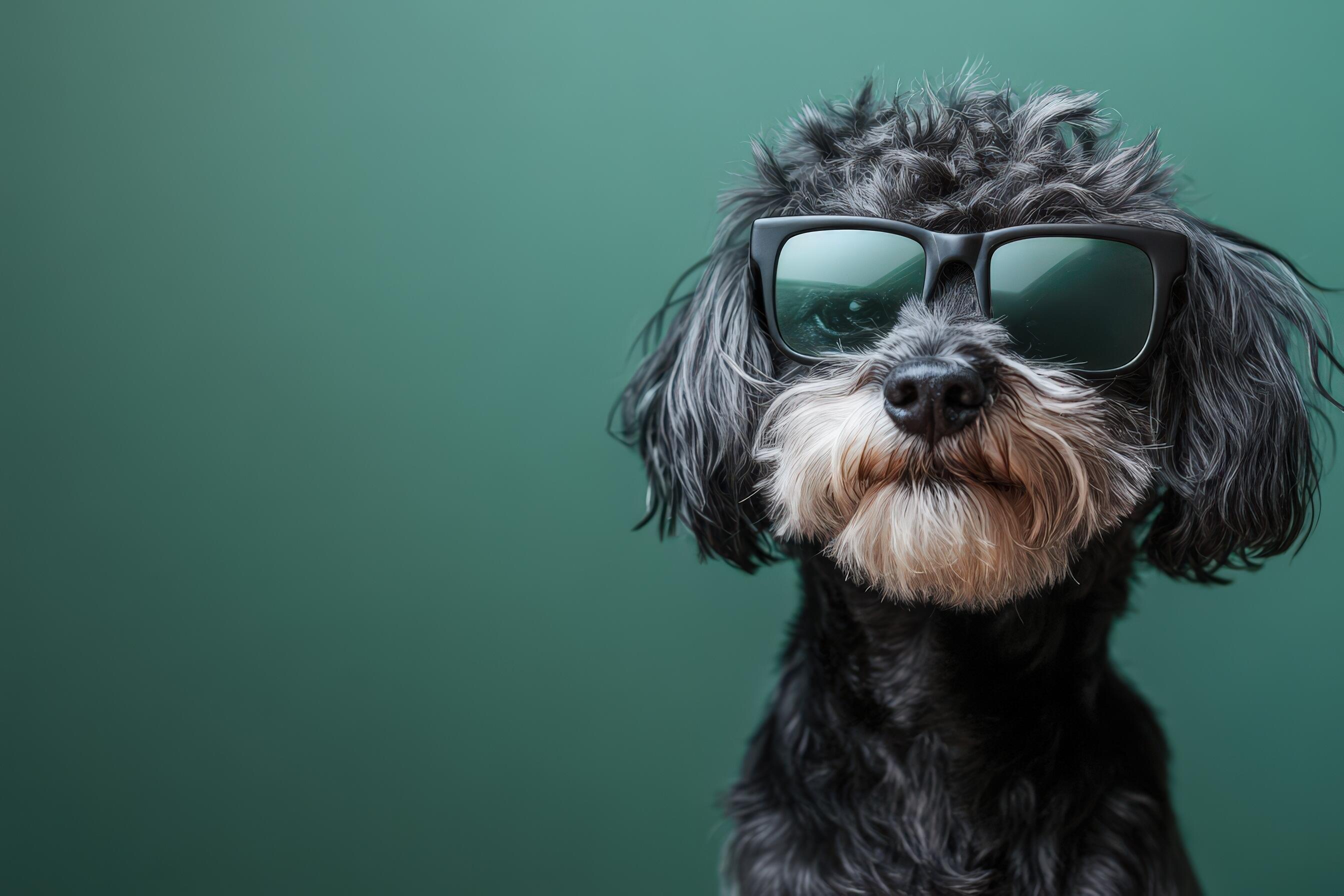A black dog wearing sunglasses on a green background 58073163 Stock Photo at Vecteezy