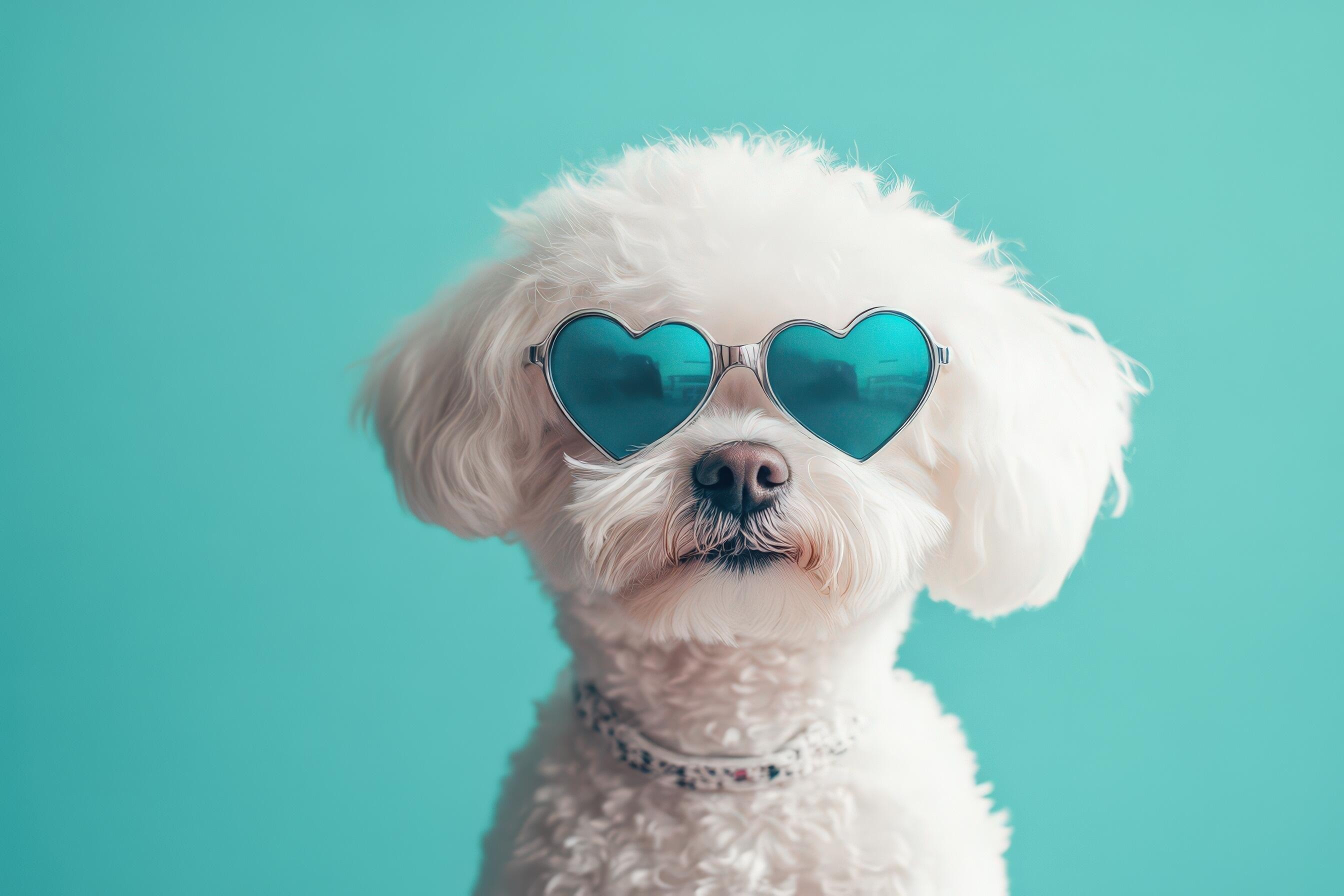 A white dog wearing blue heart shaped sunglasses 58073344 Stock Photo at Vecteezy