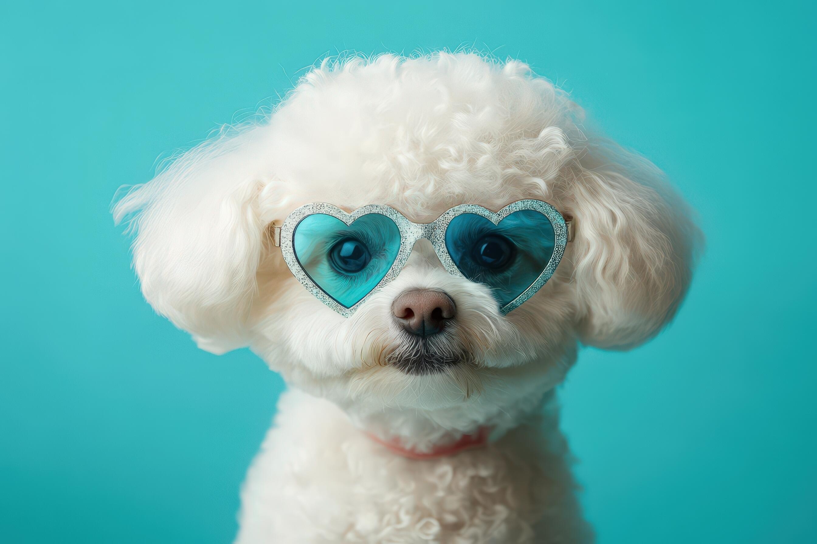 A white dog wearing blue heart shaped glasses 58073345 Stock Photo at Vecteezy