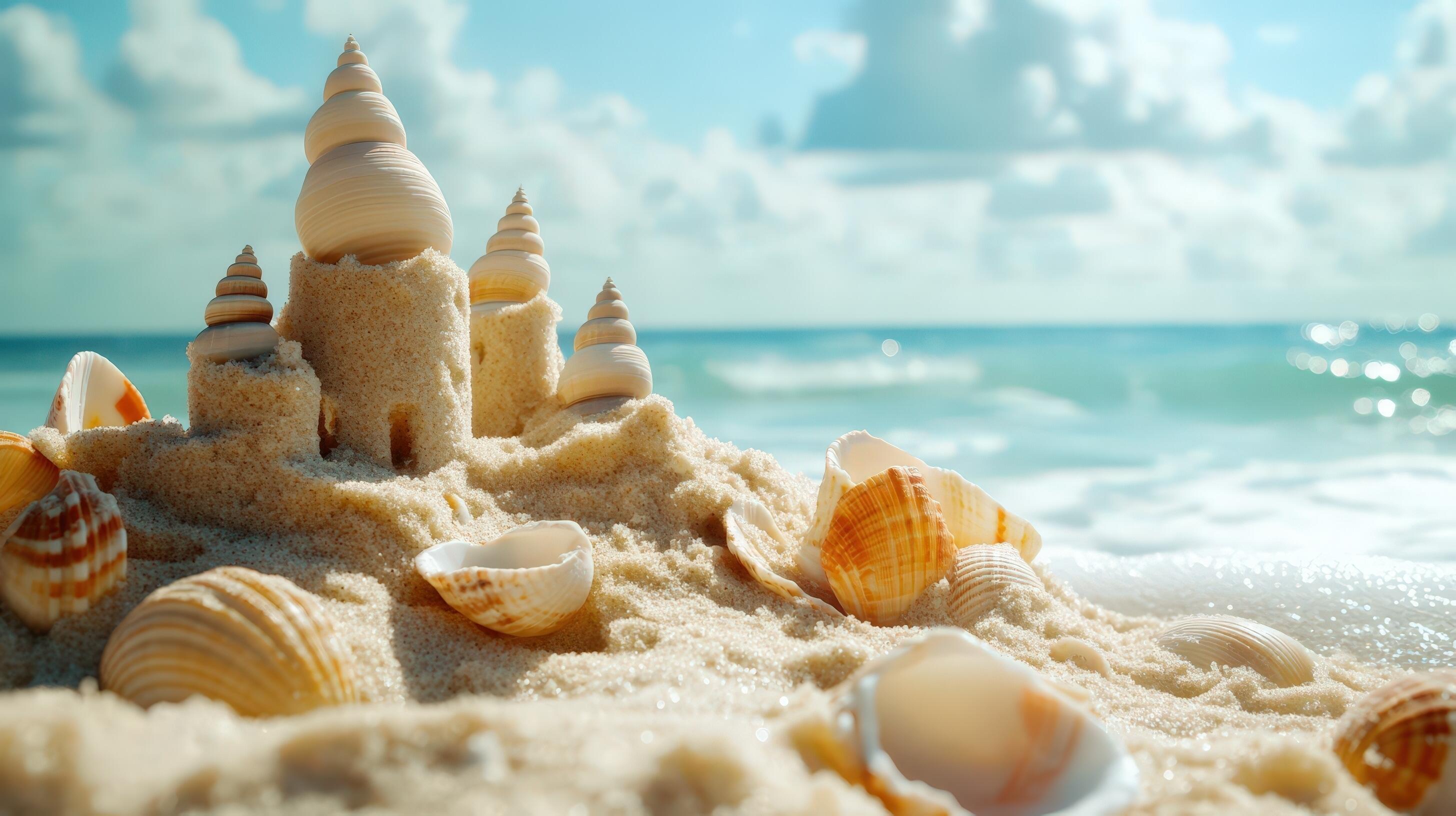 A sand castle on the beach with shells and seashells 58074609 Stock ...