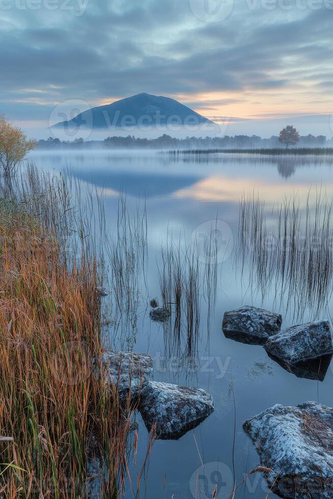 Fog envelops tranquil lake with distant mountain at dawn 58081154 Stock Photo at Vecteezy