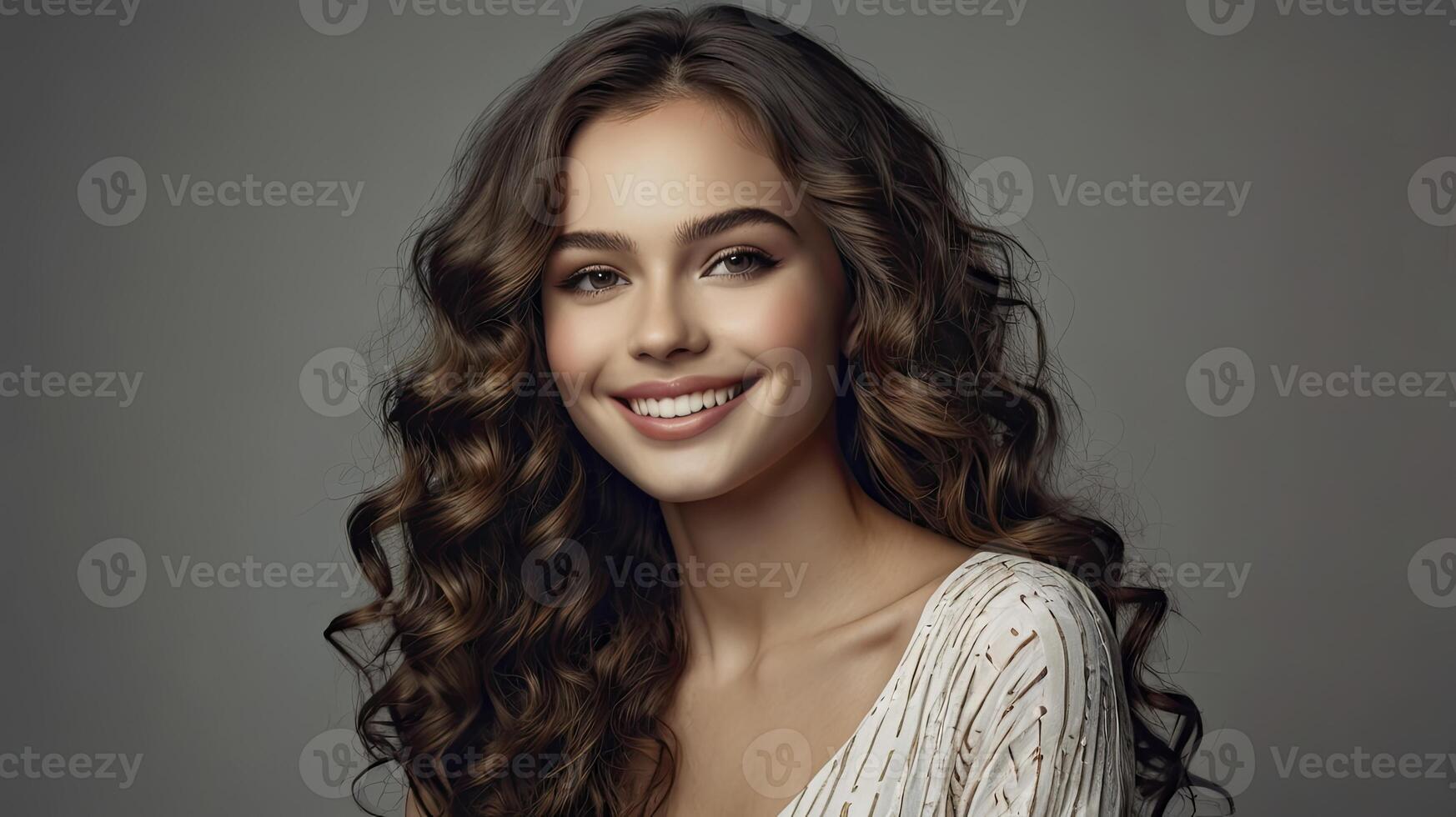 Smiling Young Woman with Long Curly Brown Hair on Gray Studio ...