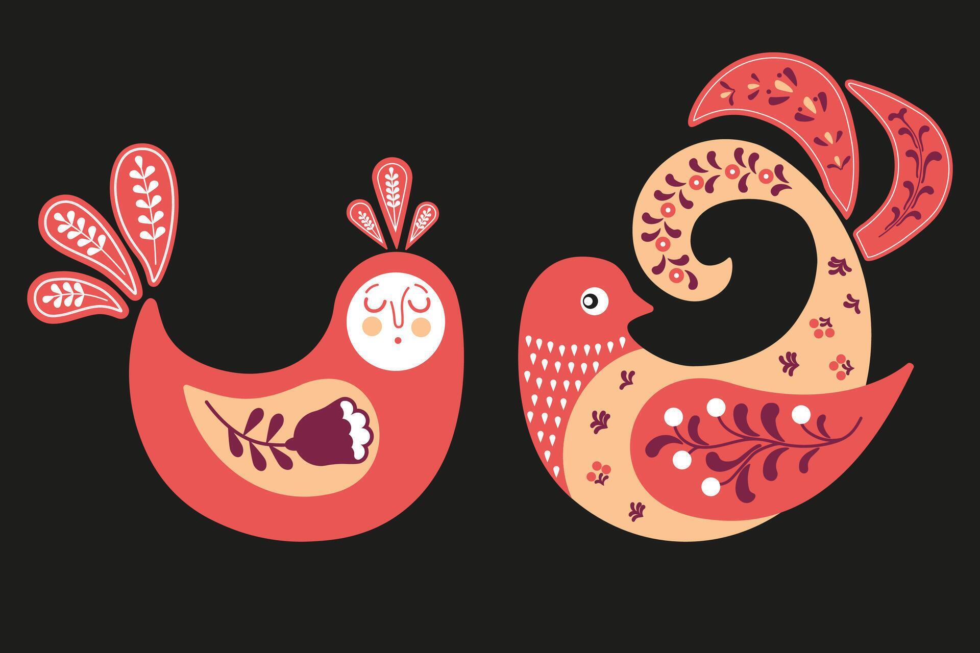 Ethnic birds with ornamental patterns and flowers, Illustration. Vibrant stylized birds in a ...