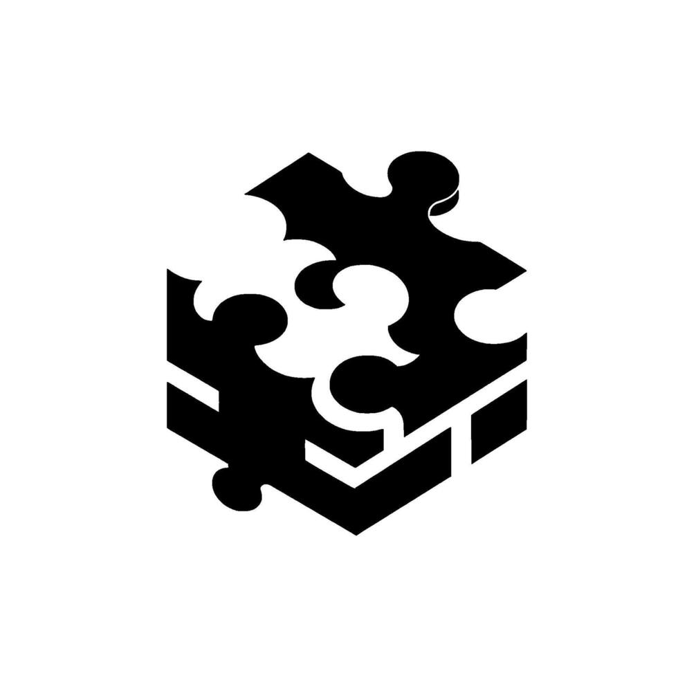 Isometric view of interlocking puzzle pieces in black and white, illustrating connection and ...