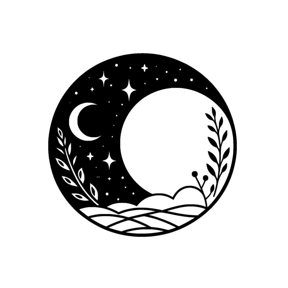 Intricate Black And White Celestial Illustration Crescent Moon Stars Floral Elements Within A