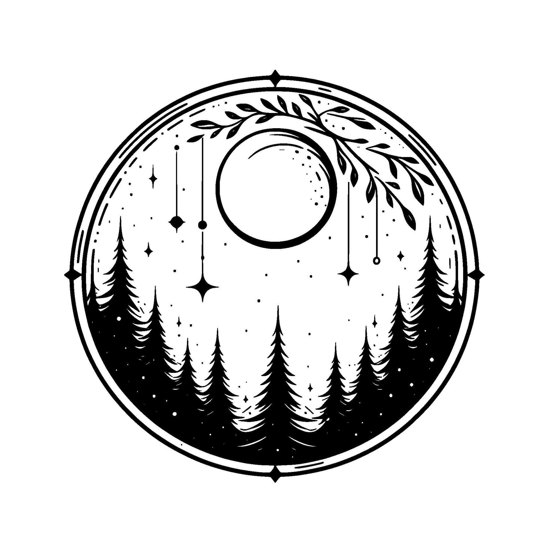 A celestial black and white illustration of a starry night forest scene ...