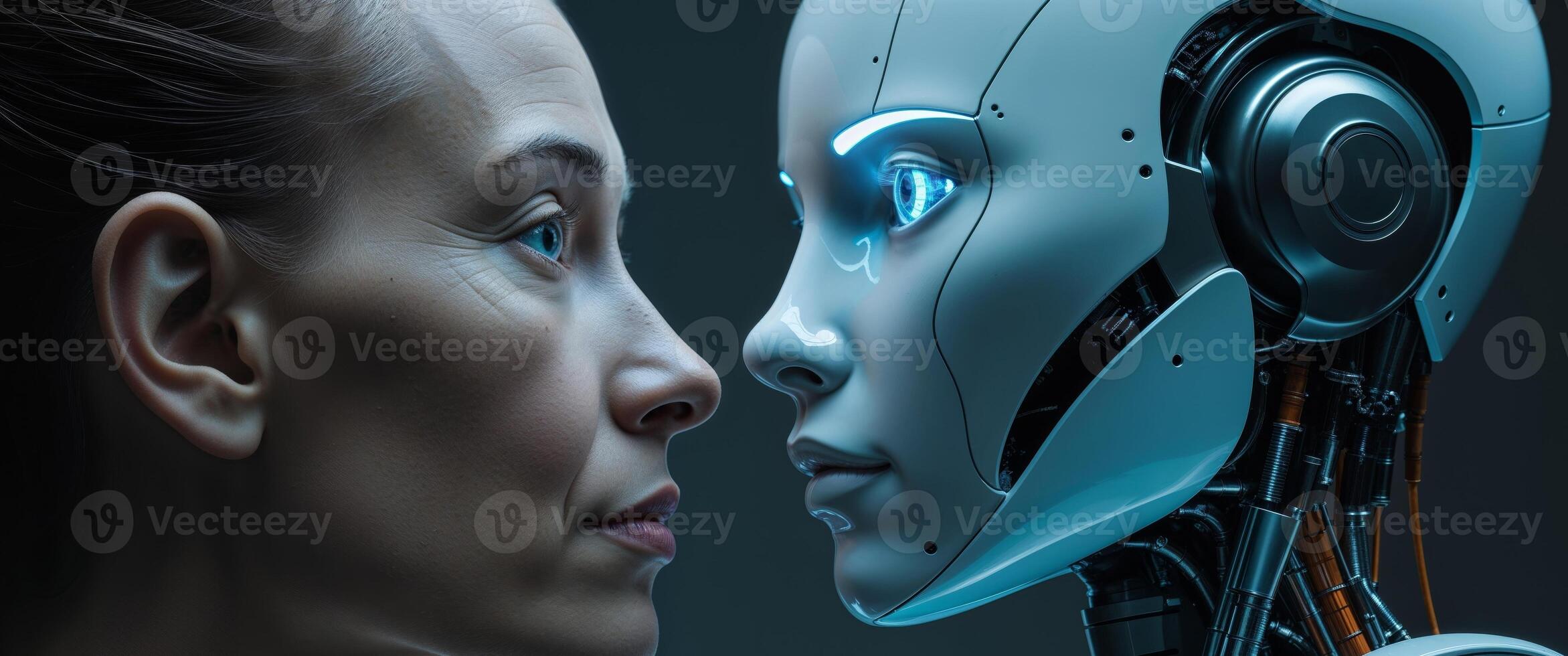 Human and humanoid robot face each other in futuristic close up concept of artificial ...