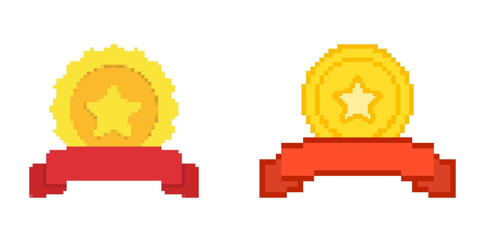 Gold Medal And Star Pixelated Icon Set. Pixel Art Symbol Collection Of Award Ribbons And ...