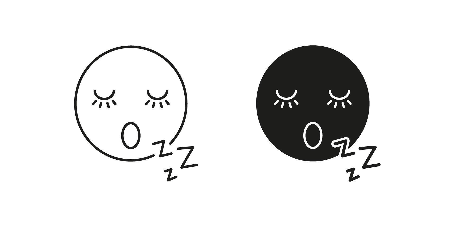 Sleeping Face with Eyelashes and ZZZ Line and Silhouette Icon Set. Peaceful Rest and Sleep ...