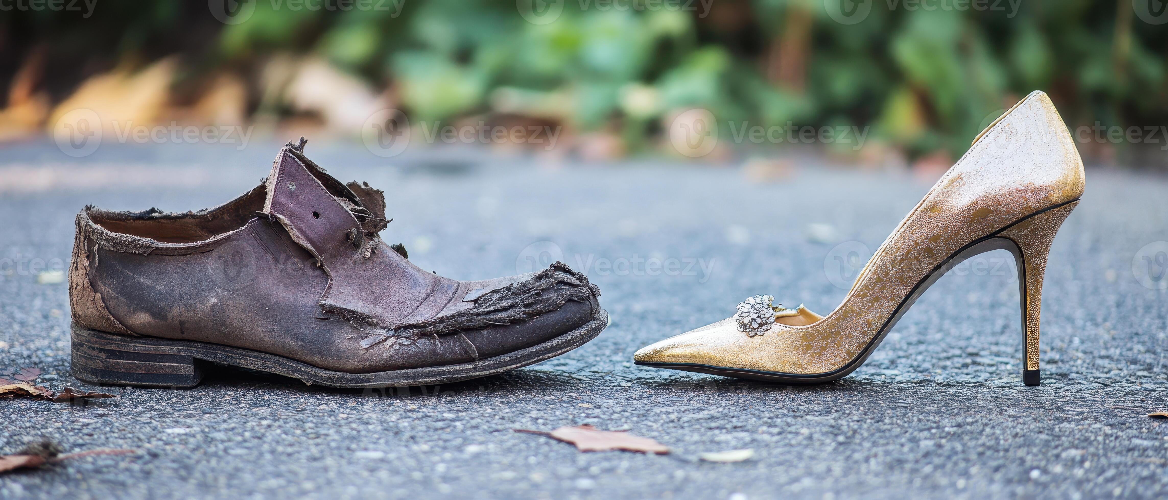 Economic Inequality Concept. A worn-out shoe and a shiny high heel sit ...