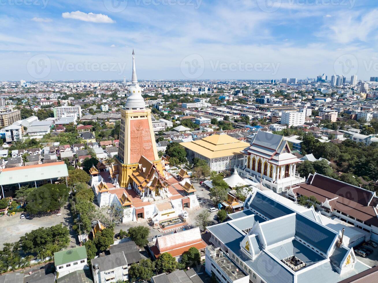 Drone Shot of Thailand temple names Wat Dh ammamongkol, Located in Phra Khanong, Bangkok ...