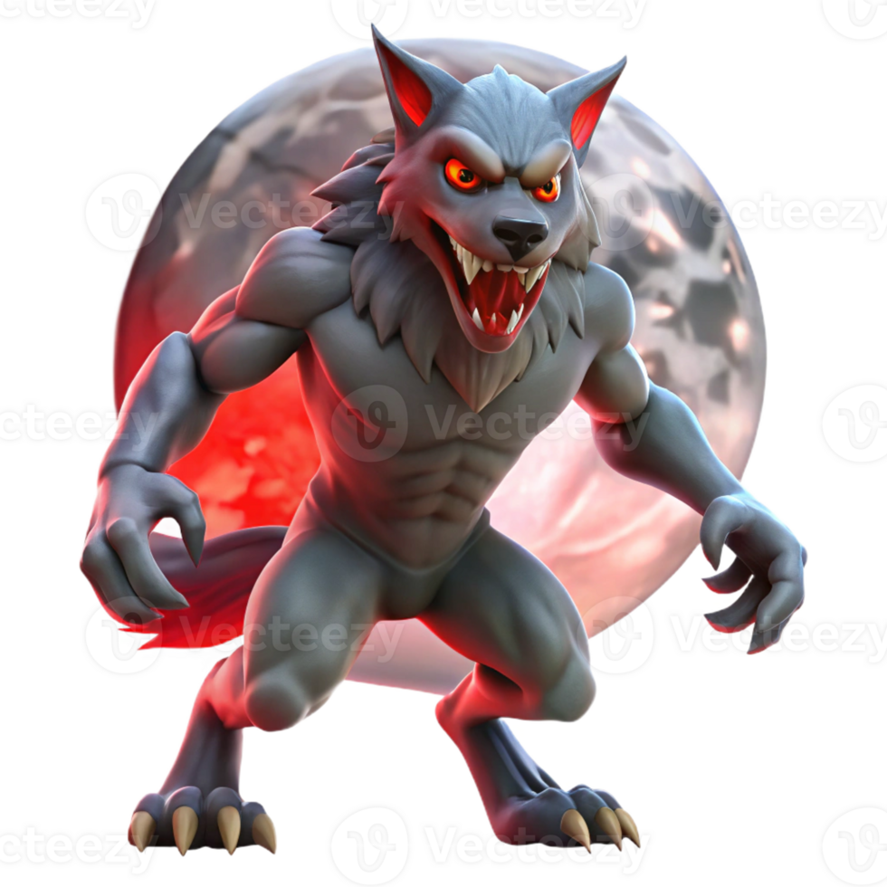 wonderful rustic A fierce werewolf with glowing red eyes and sharp claws, transforming under a ...