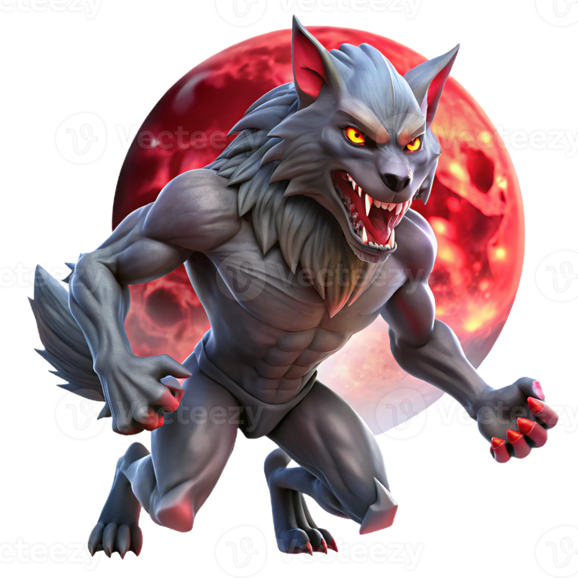 impressive rustic A fierce werewolf with glowing red eyes and sharp claws, transforming under a ...