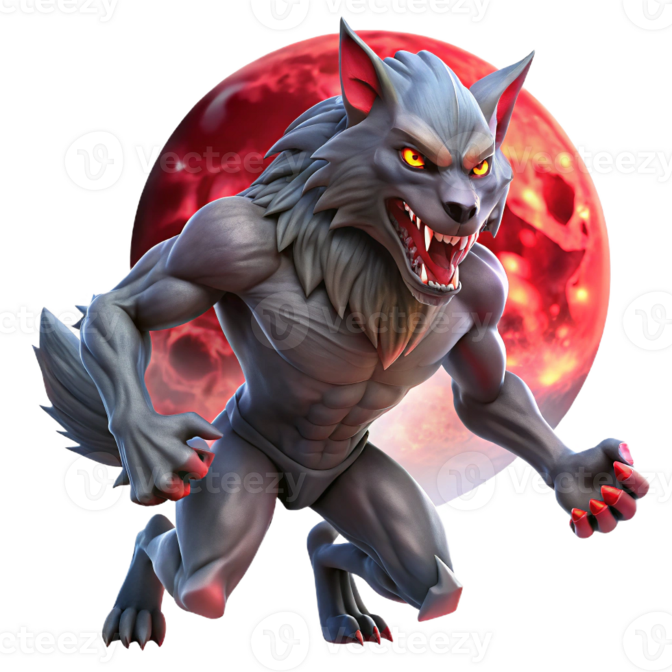 impressive rustic A fierce werewolf with glowing red eyes and sharp claws, transforming under a ...