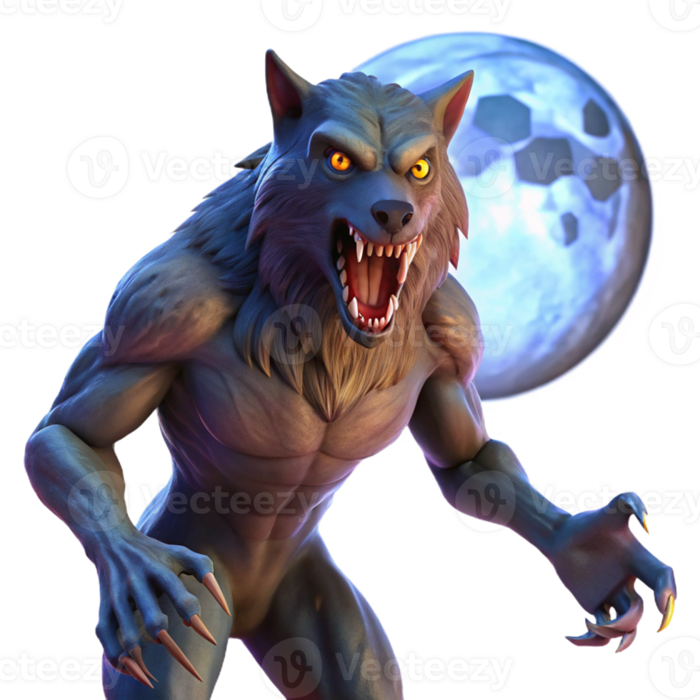 dramatic modern A fierce werewolf with glowing eyes and sharp claws, howling at the moon ...