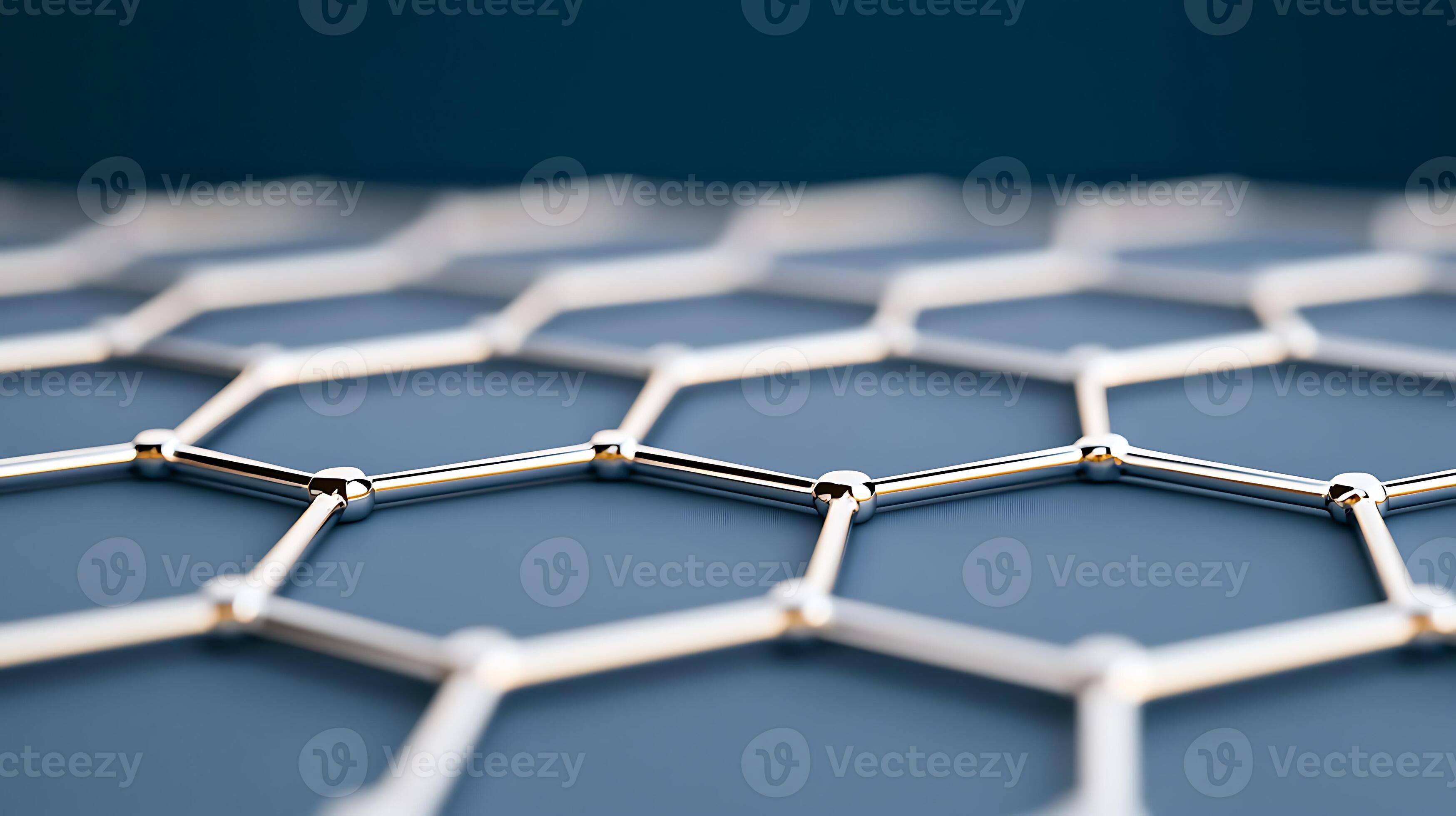 Close-up view of a metallic hexagonal structure showcasing intricate patterns and reflections ...