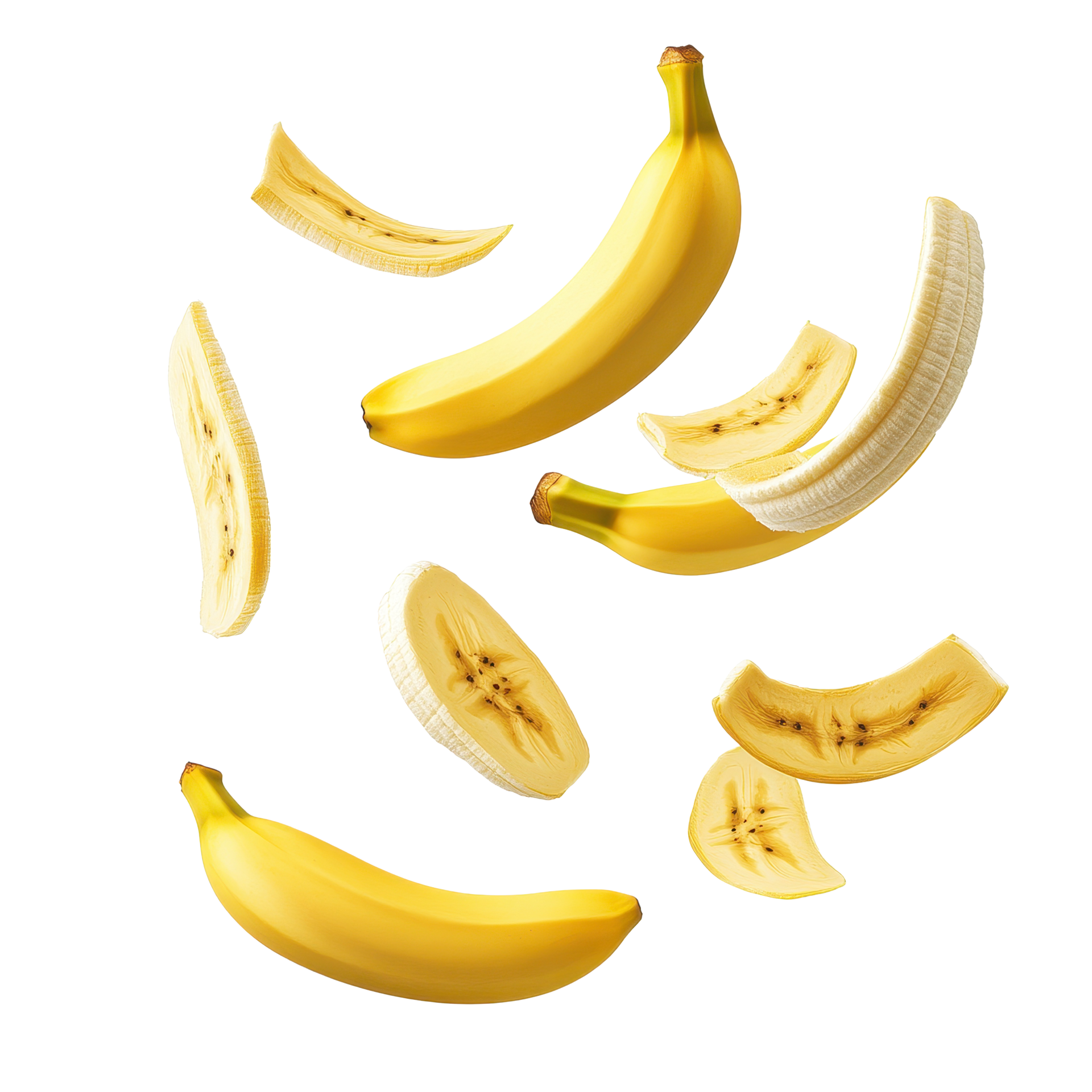 Falling banana slices creating a dynamic visual isolated on a white background, Falling flying ...