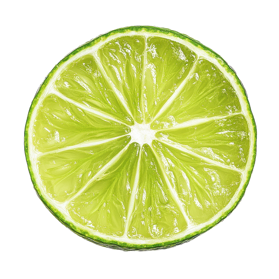 Fresh lime slice isolated on a clean Transparent background showcasing vibrant green color and ...