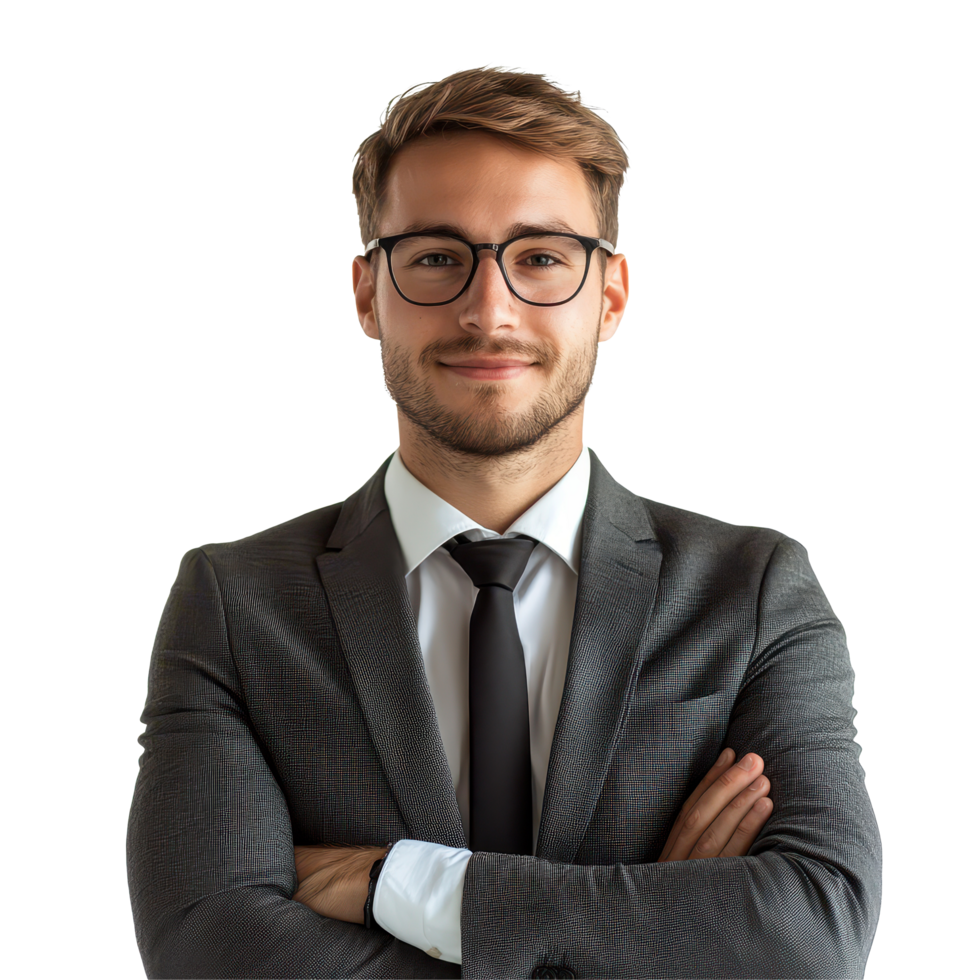 Confident young businessman with glasses and crossed arms on a ...