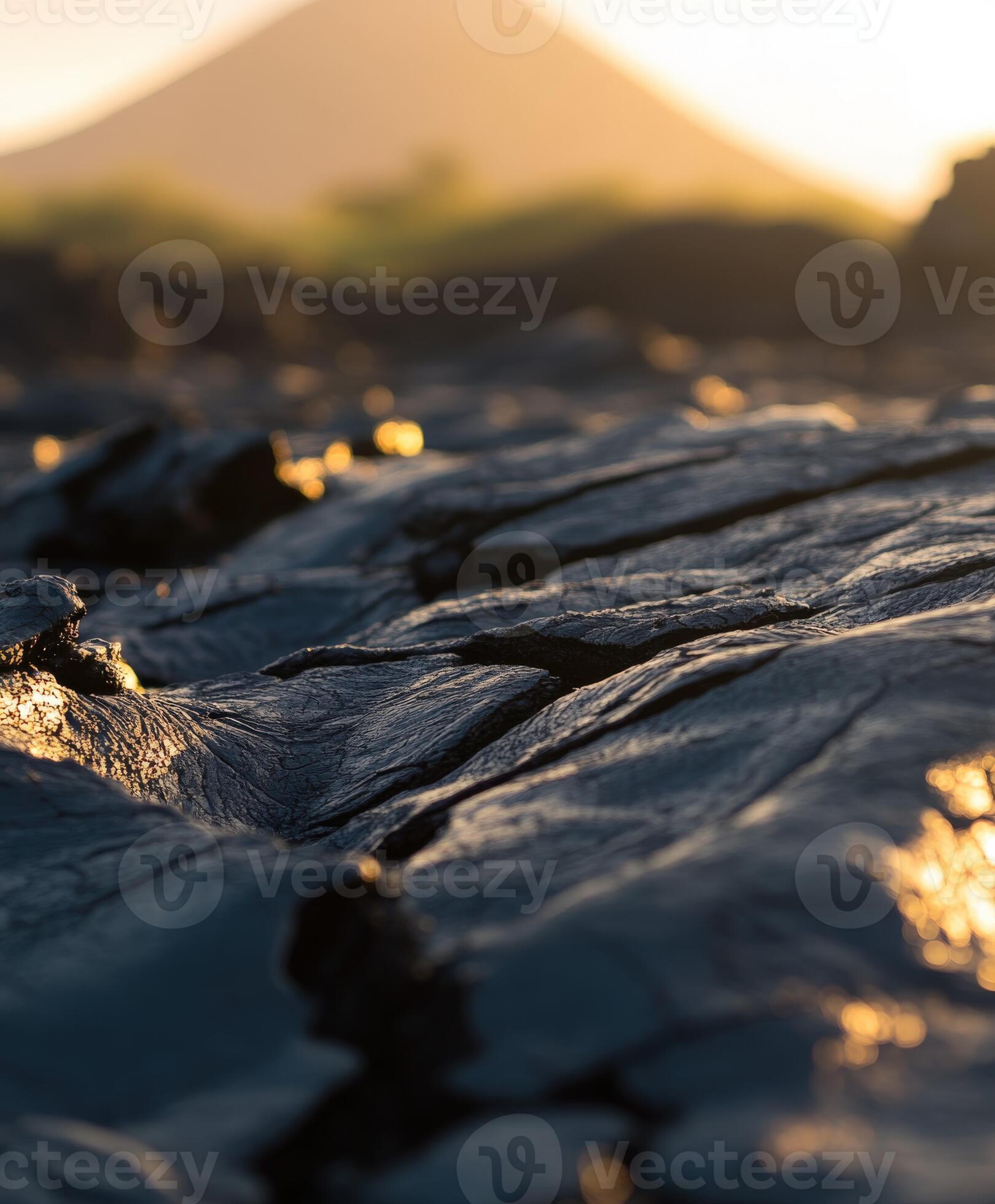Lava flow texture with a distant volcano during sunset in natural ...