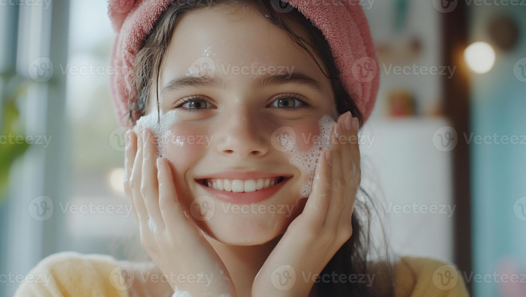 A girl is smiling while using a sponge to clean her face 58188131 Stock ... A girl is smiling while using a sponge to clean her face 58188131 Stock ...