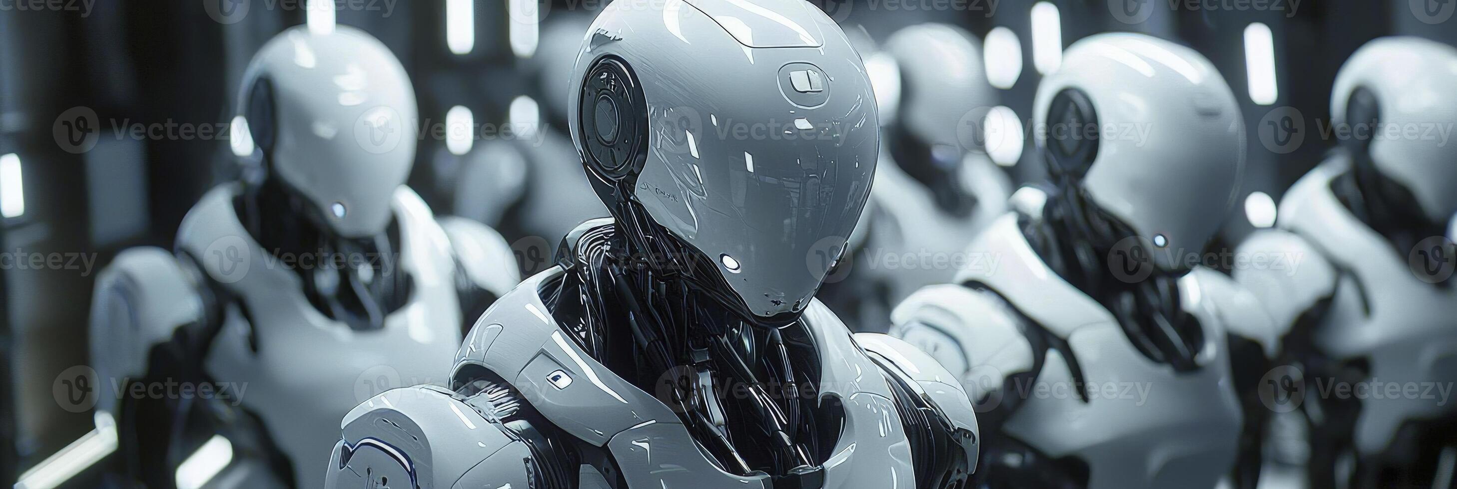 Futuristic White Robots in Formation at Facility 58191579 Stock Photo at Vecteezy