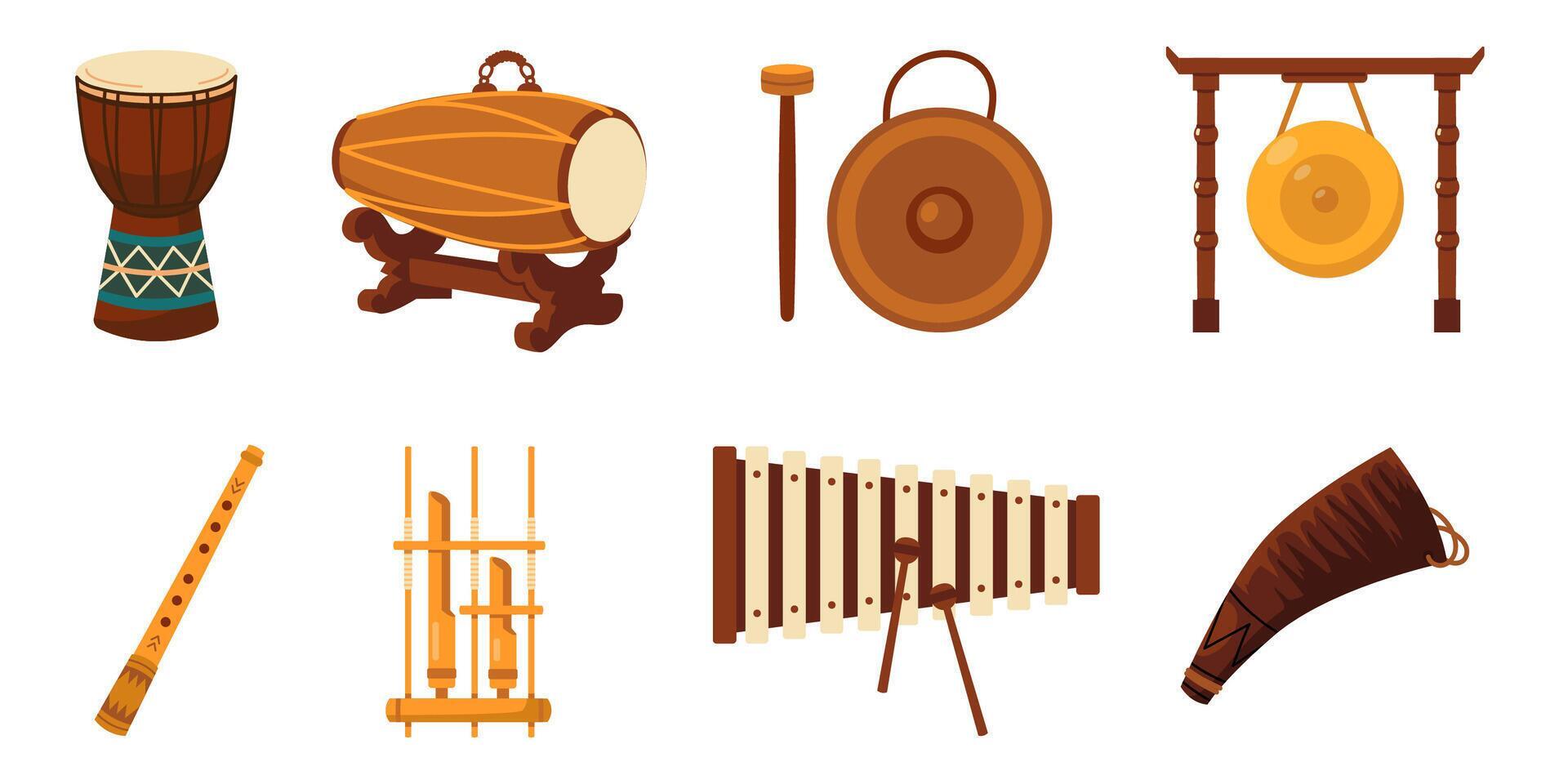 Diverse array of traditional southeast asian musical instruments ...