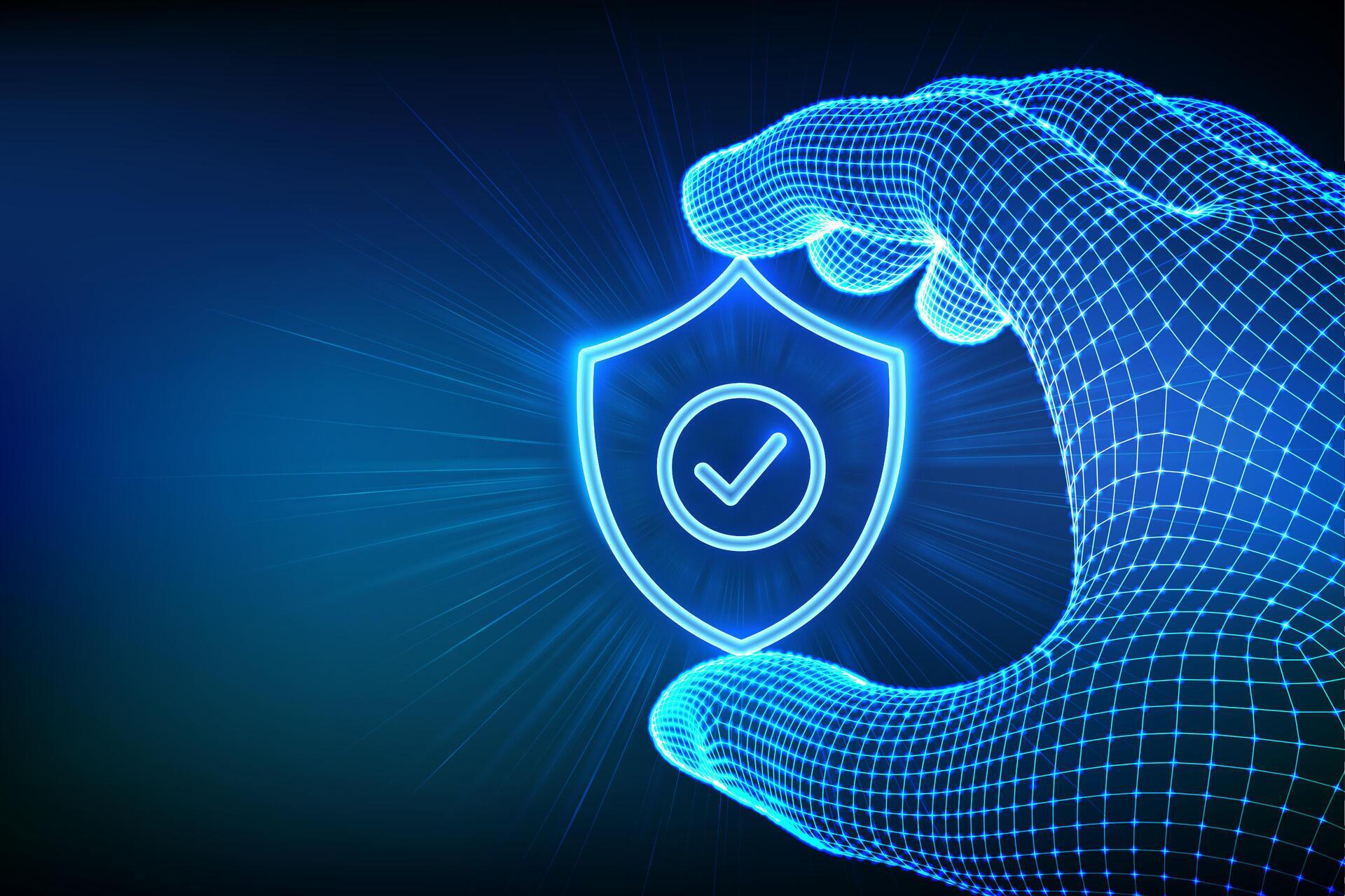 Security shield. Cyber security. Protection shield with check mark icon in a wireframe hand ...