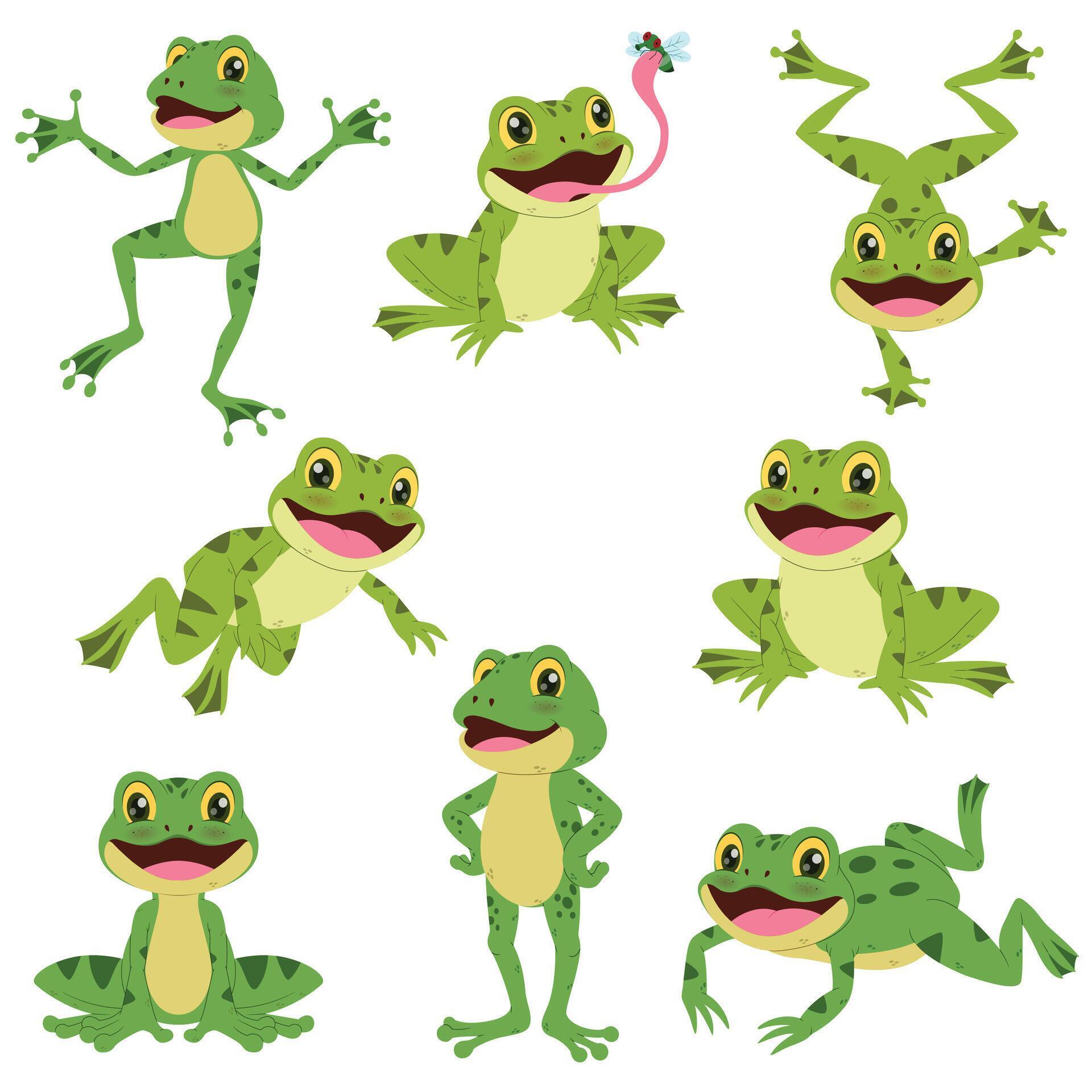 Eight cute green cartoon frogs in playful poses, perfect for childrens illustrations ...