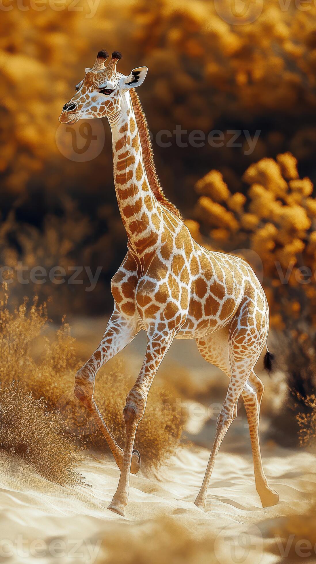 Giraffe gracefully walking through golden landscape during warm afternoon light in a serene ...