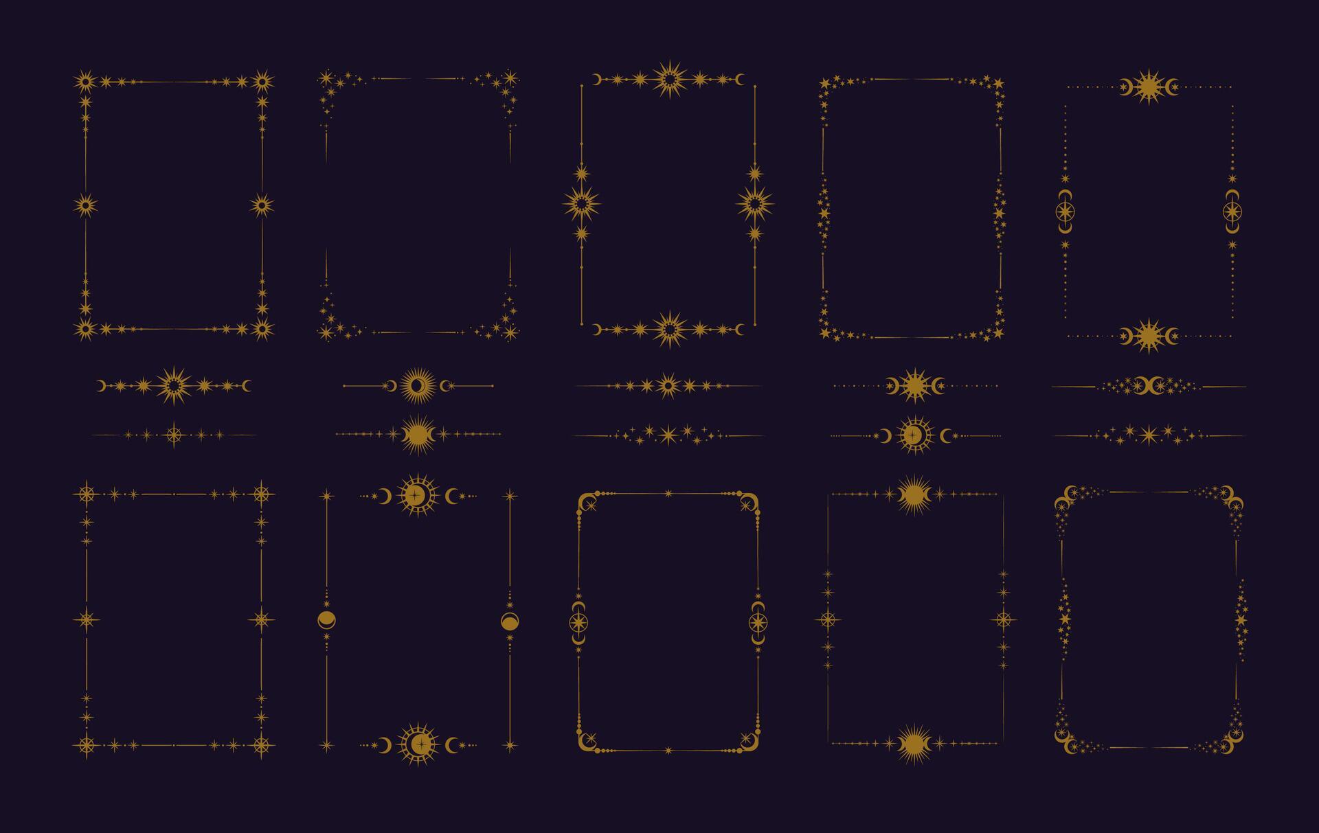 Celestial frame and divider. Decorative golden border. Sun and moon boho ornament. Mystic ...