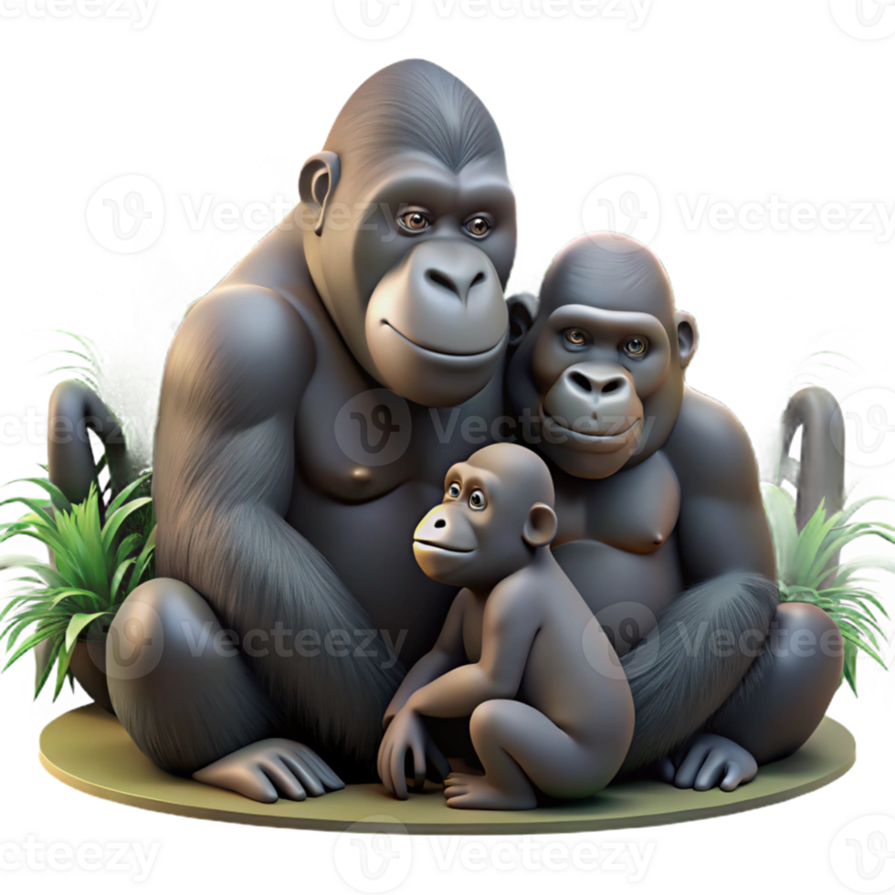 dramatic classic A gorilla family grooming each other in the rainforest, dappled jungle light ...